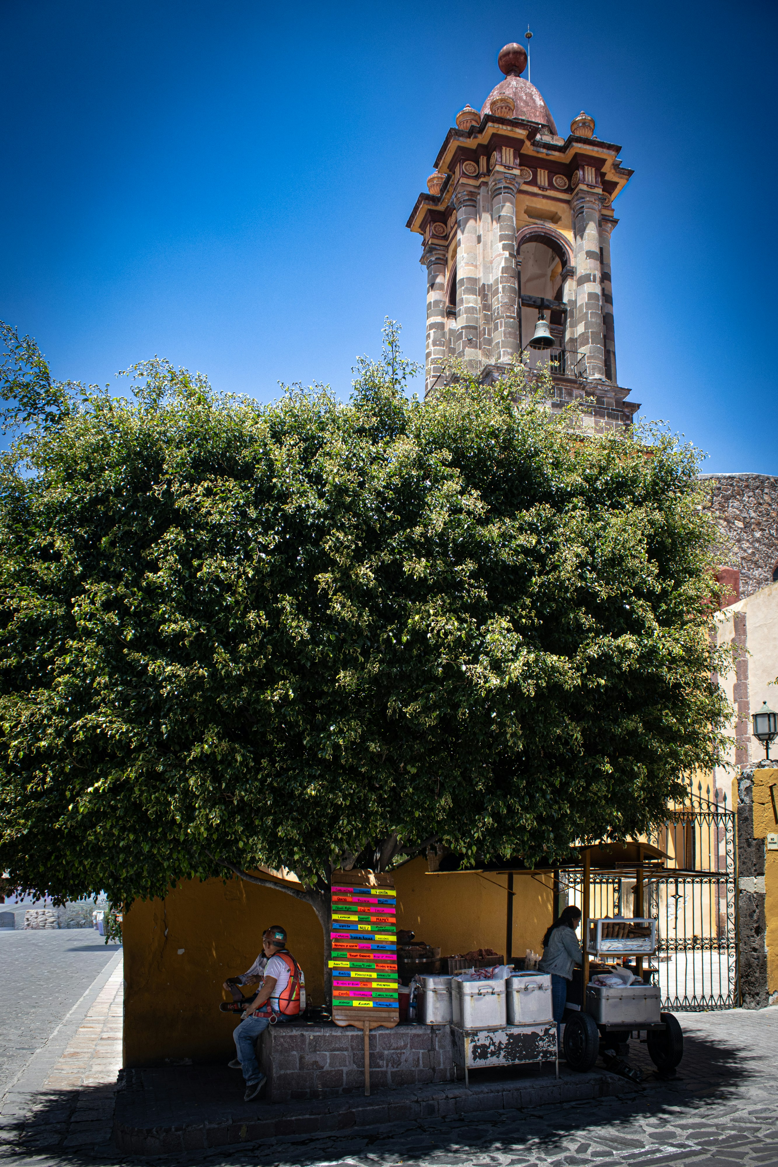 Shade and Bell Tower: A Market Stand Under a Verdant Canopy