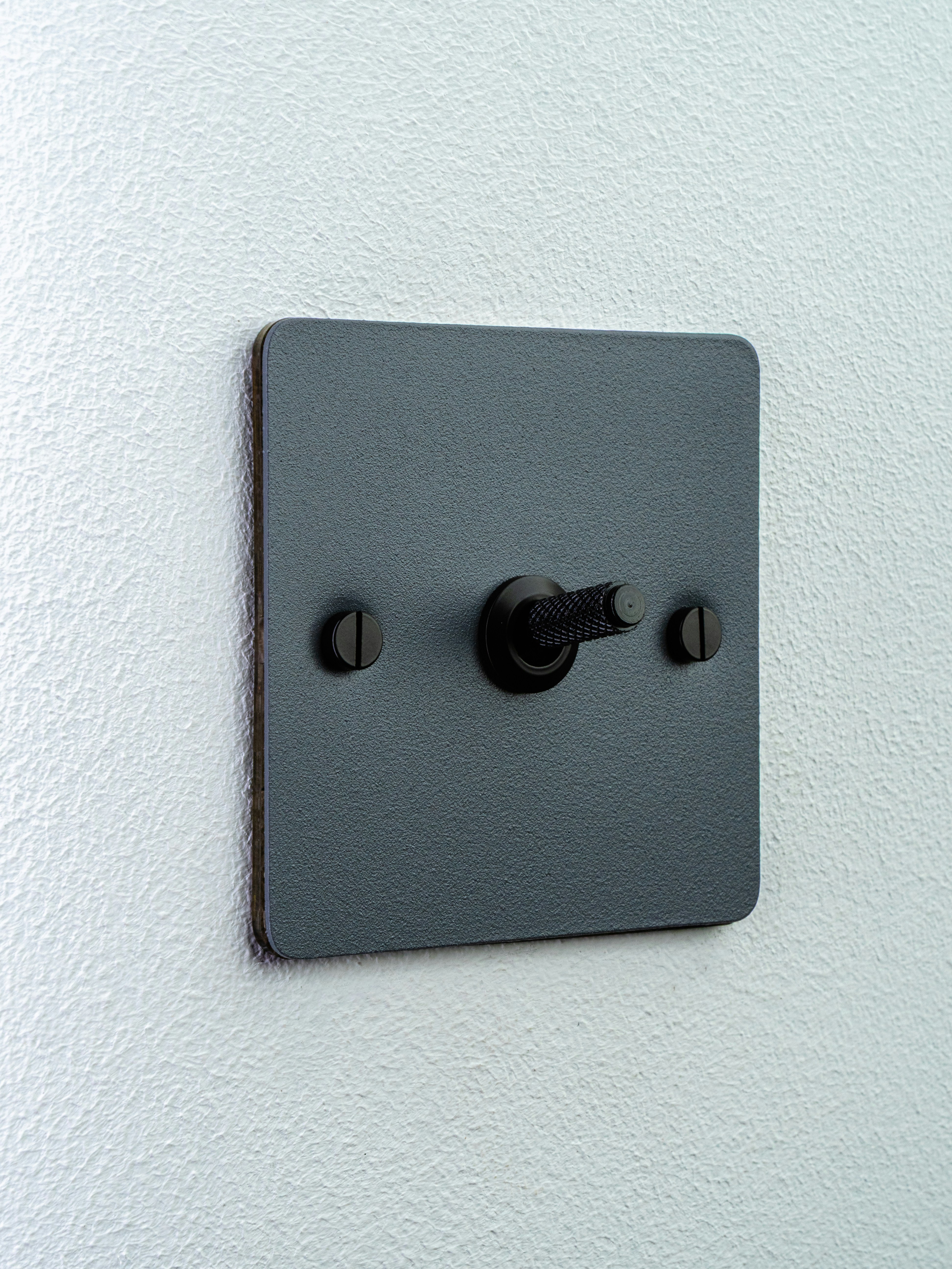 A close-up of a dark square plate with a central toggle and two outer screws mounted on a light textured wall. The image highlights the hardware detail and subtle shadows on the panel.