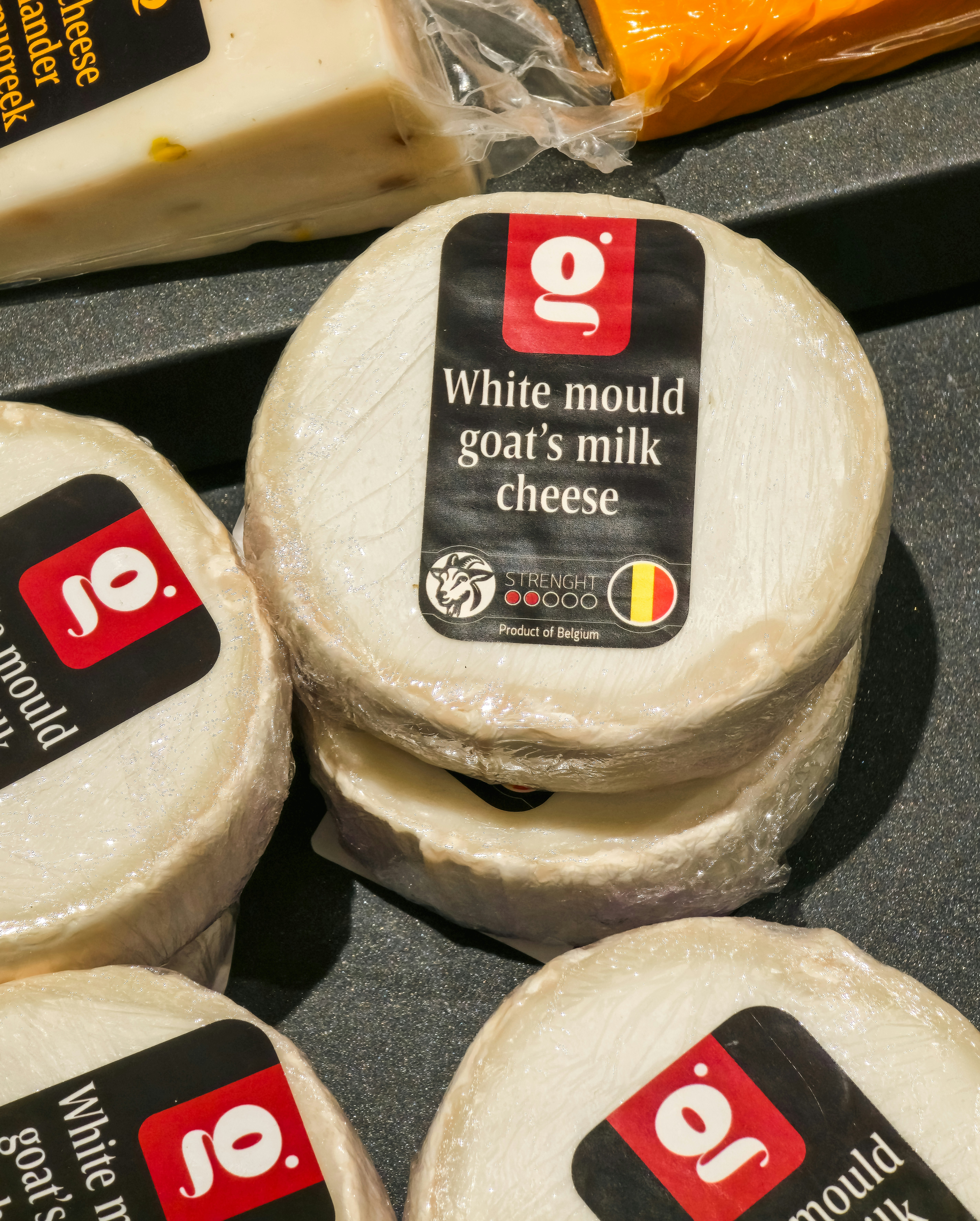 This product photograph features a packaged wheel of white mold goat's milk cheese from Belgium, showcasing its velvety white bloomy rind encased in clear plastic. Editorial designers can use this image for culinary features on Belgian dairy exports, guides to artisanal goat cheeses, or articles about European white-rind varieties.