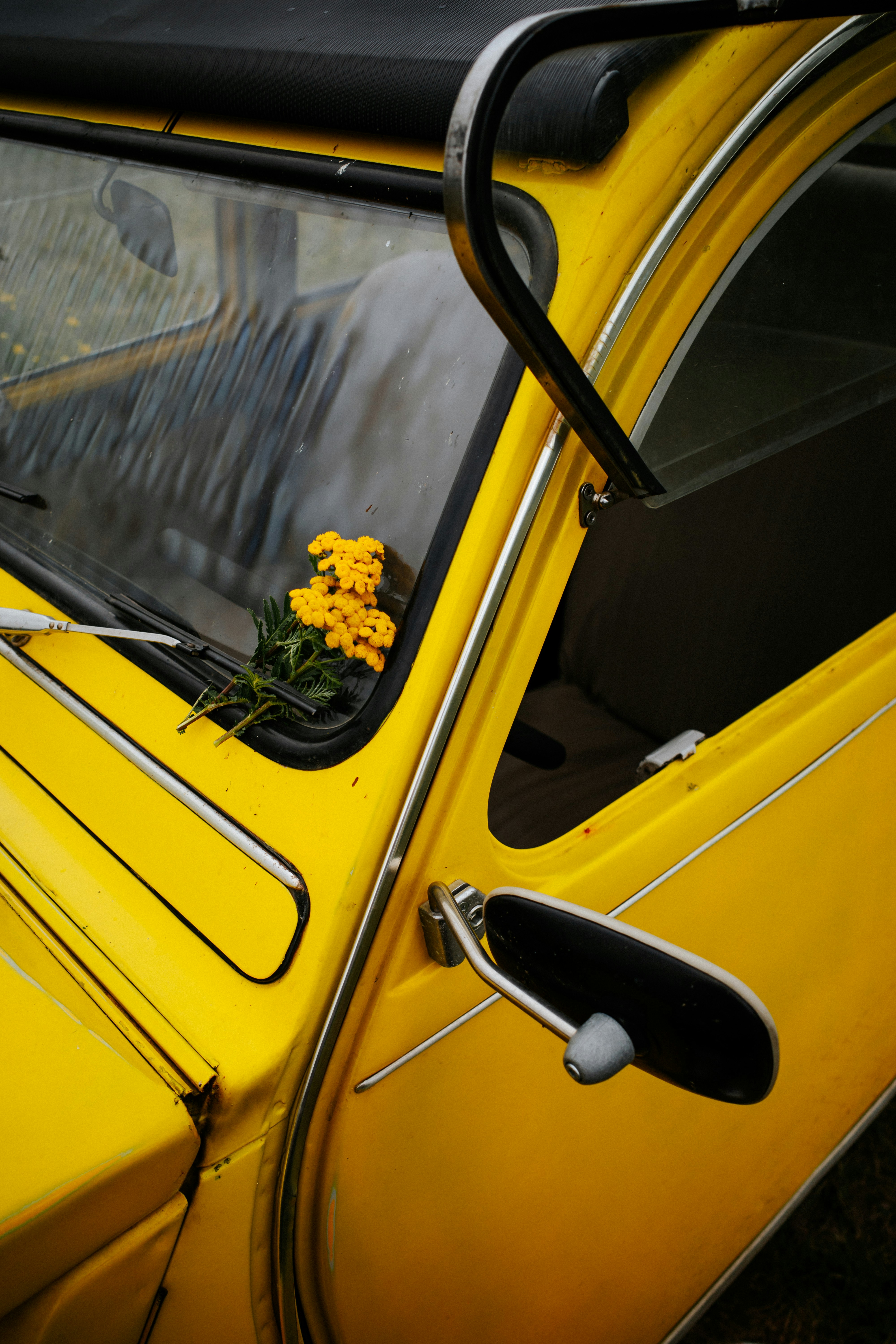 Yellow cab, yellow flowers: a quiet detail on a weathered cab