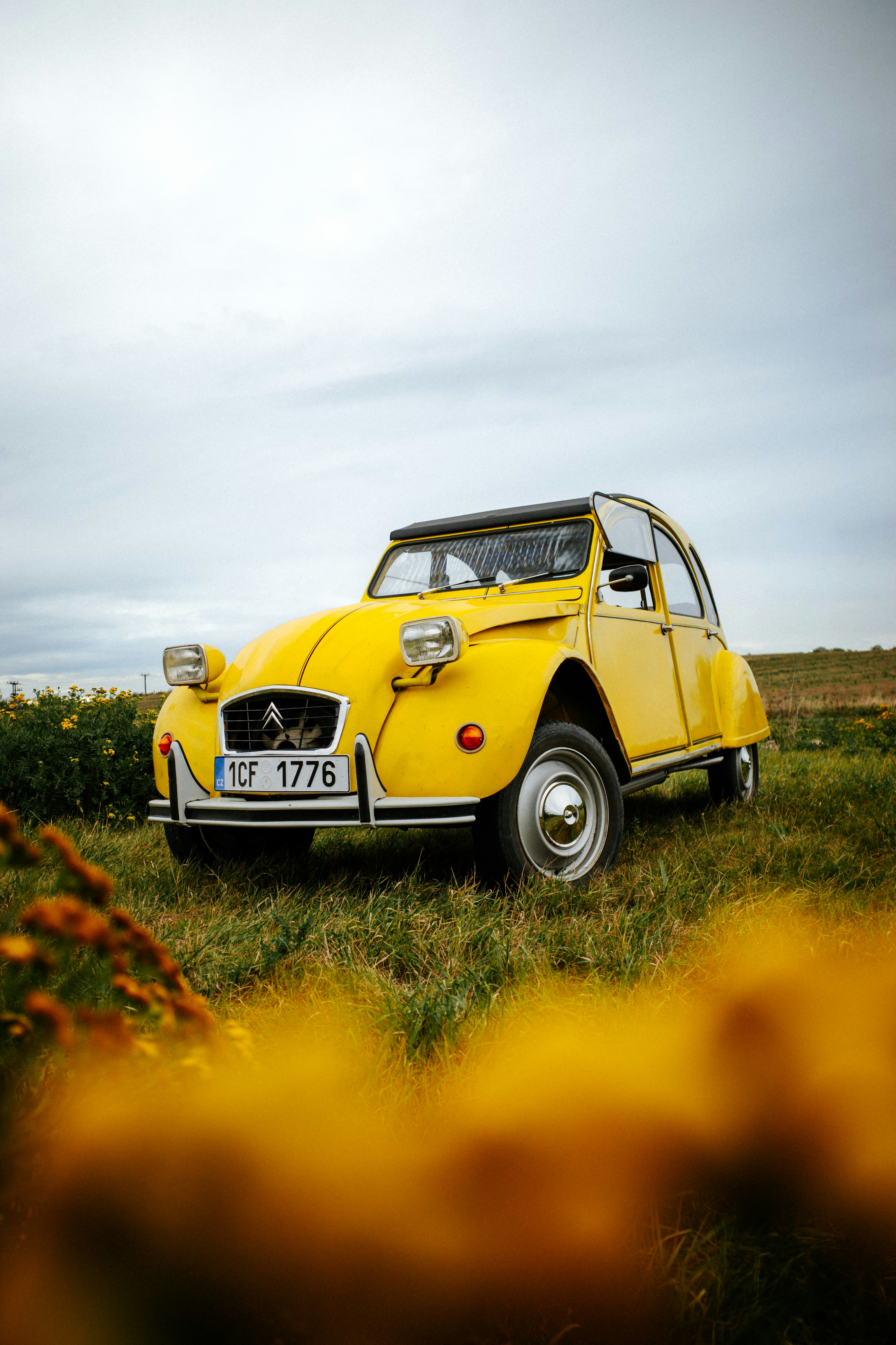 Yellow Citroën in a Field: a Retro Charm in Soft Morning Light