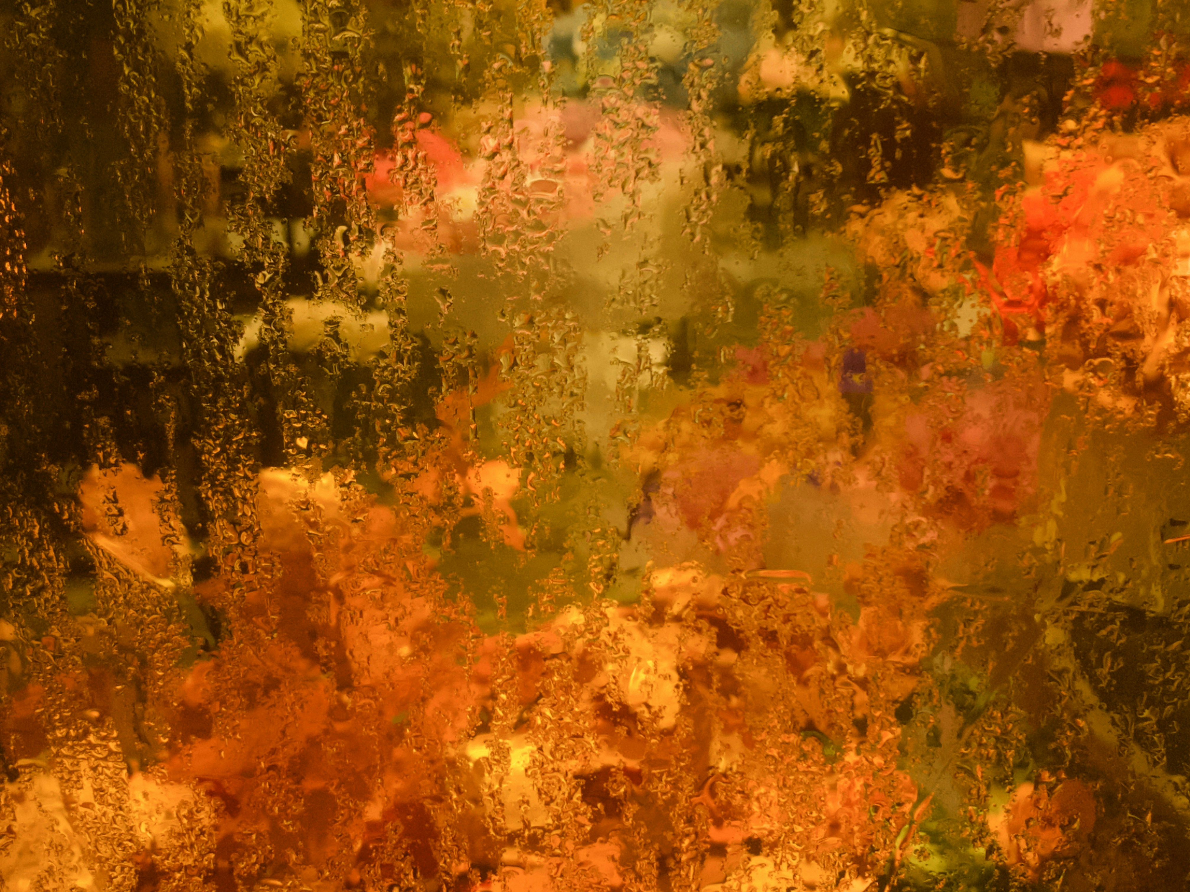 Abstract autumn blur of orange, gold, and green leaves seen through a textured translucent surface. Visual emphasis on color gradients and soft shapes rather than defined subjects.