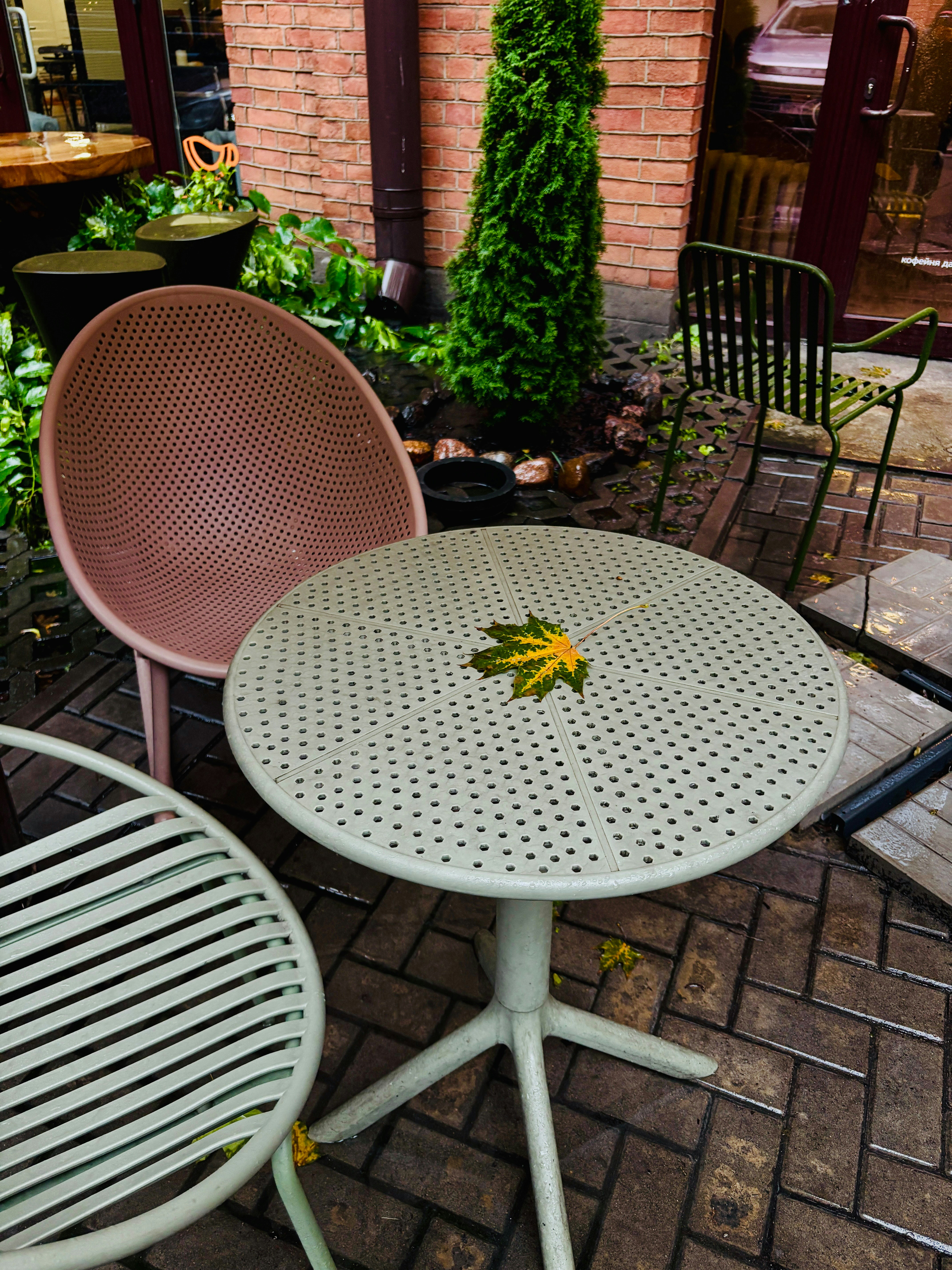 Patio still life: pastel chairs around a perforated table with a fallen leaf centerpiece