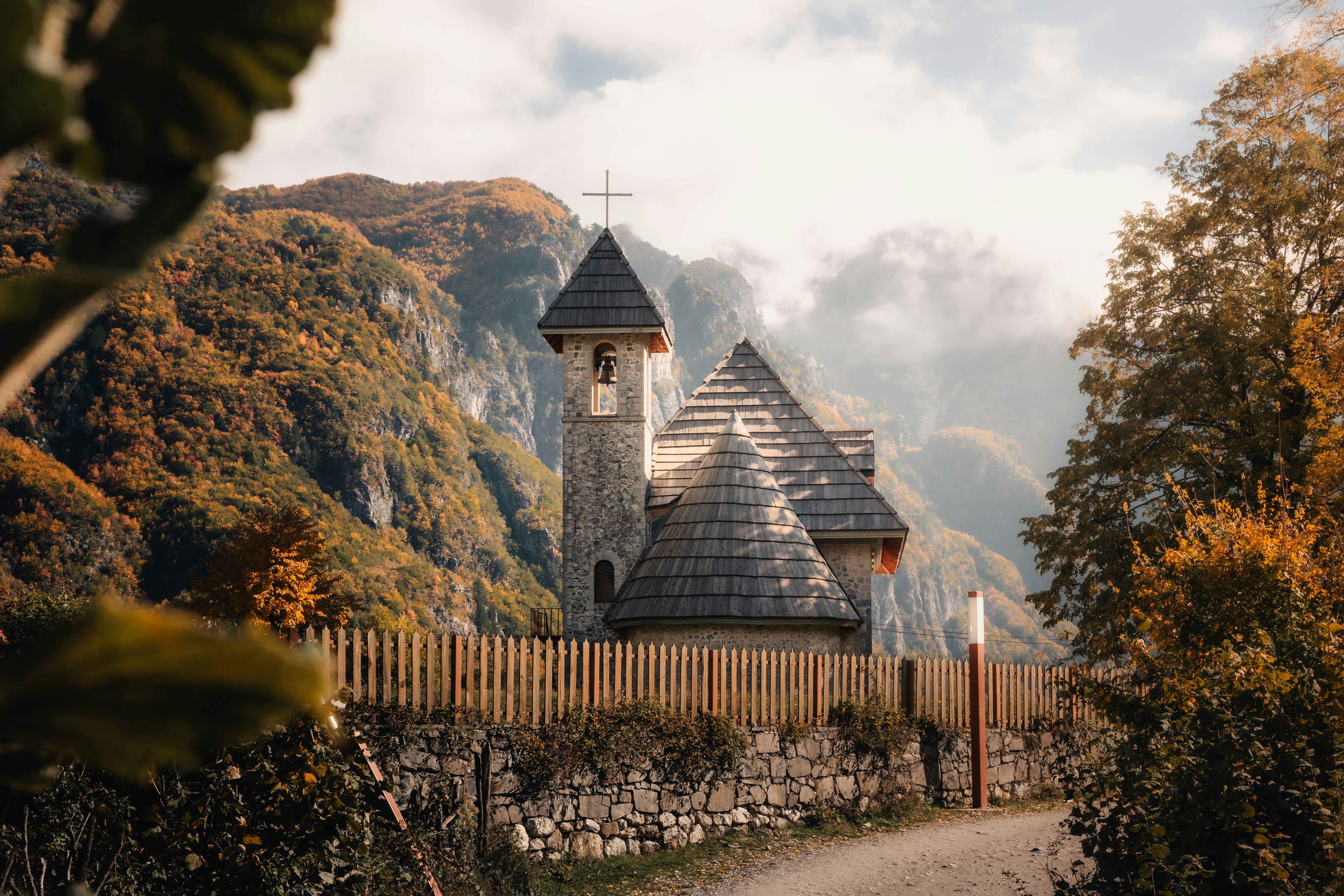 Village Chapel Amid Autumn Foothills