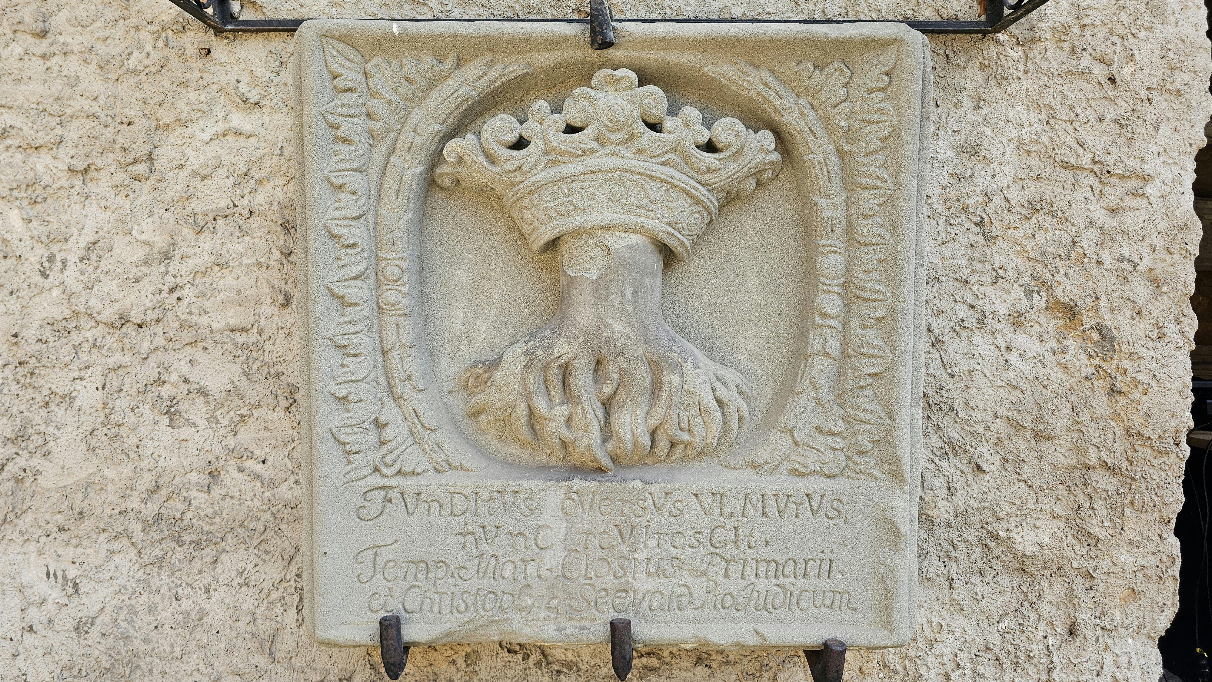 Stone Crest of a Regal Fountain: A Carved Emblem on Sunlit Wall
