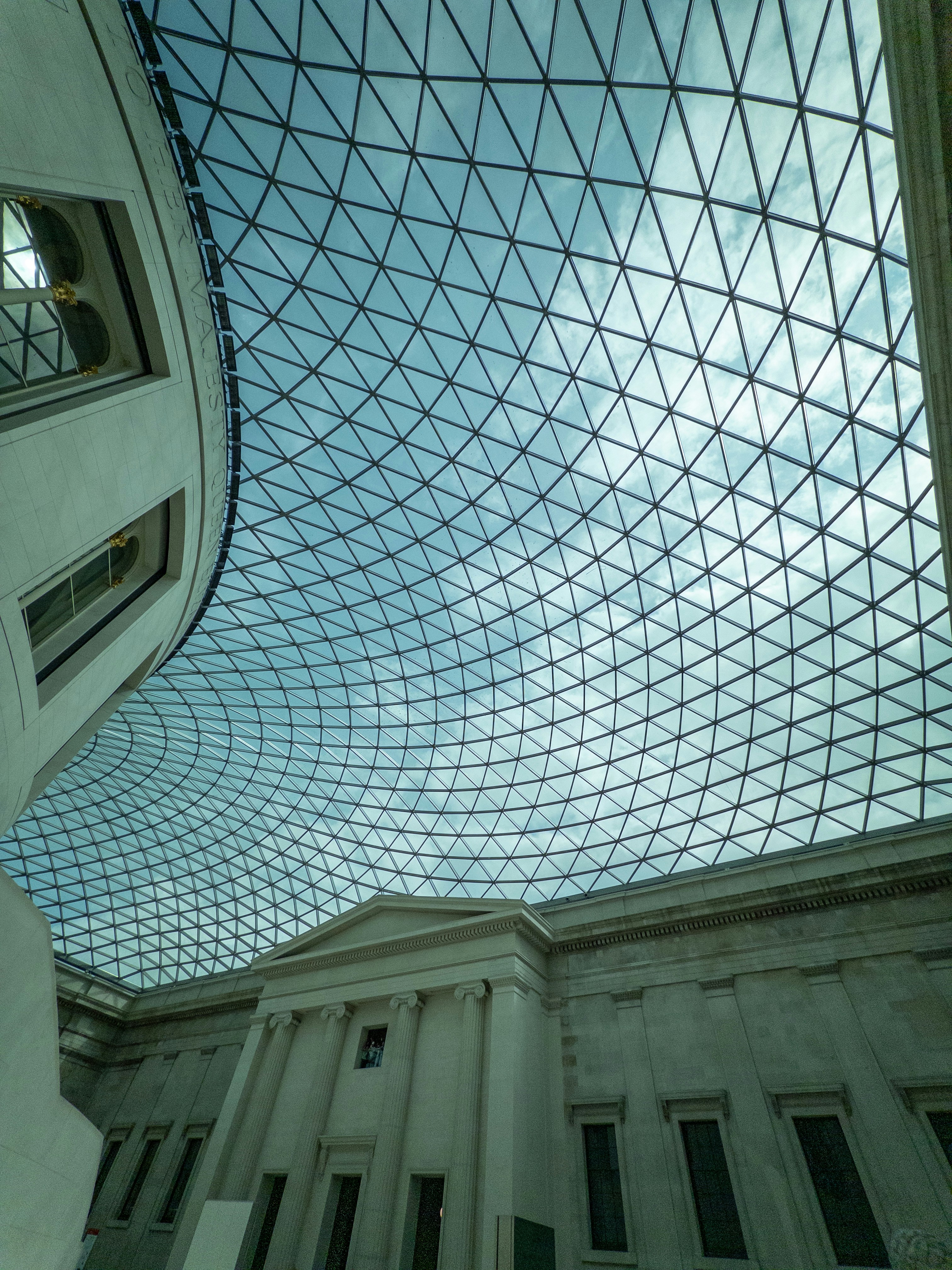 the british museum, london, glass roof, triangles, great court, light, stone,
