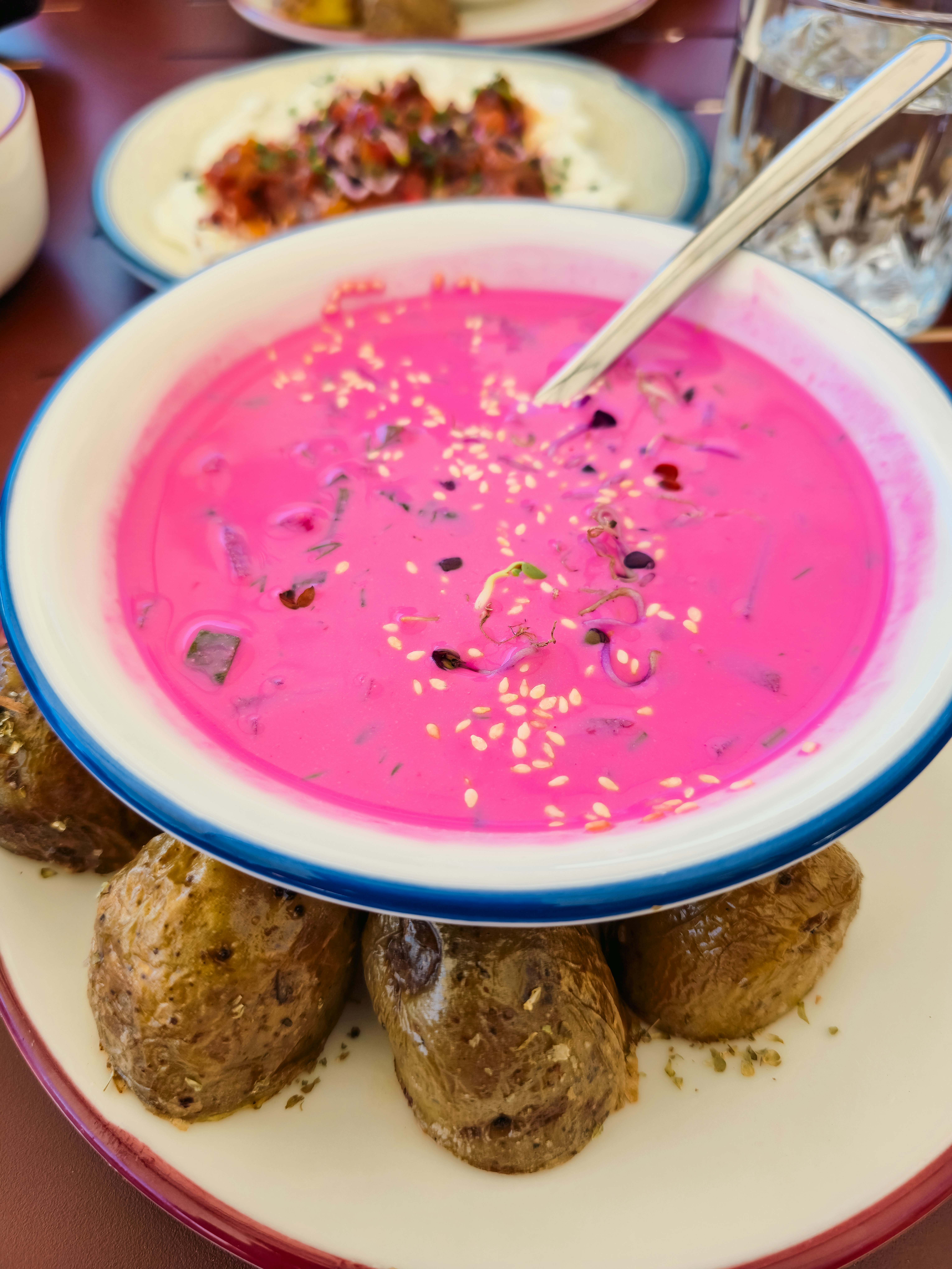 Vibrant Pink Soup: Creamy Indulgence with Roasted Potatoes