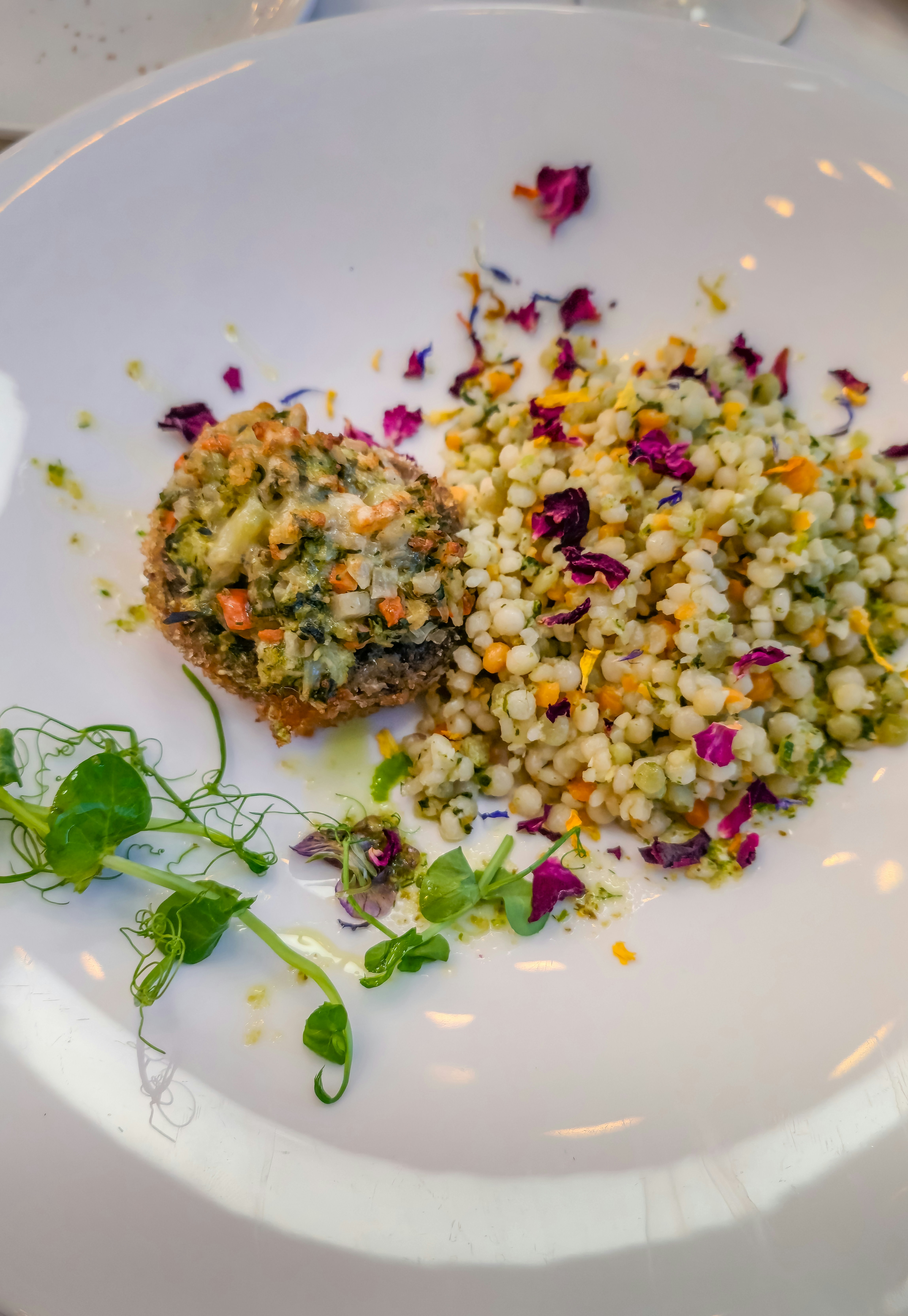 Herbed Croquette and Millet Mosaic on a White Plate