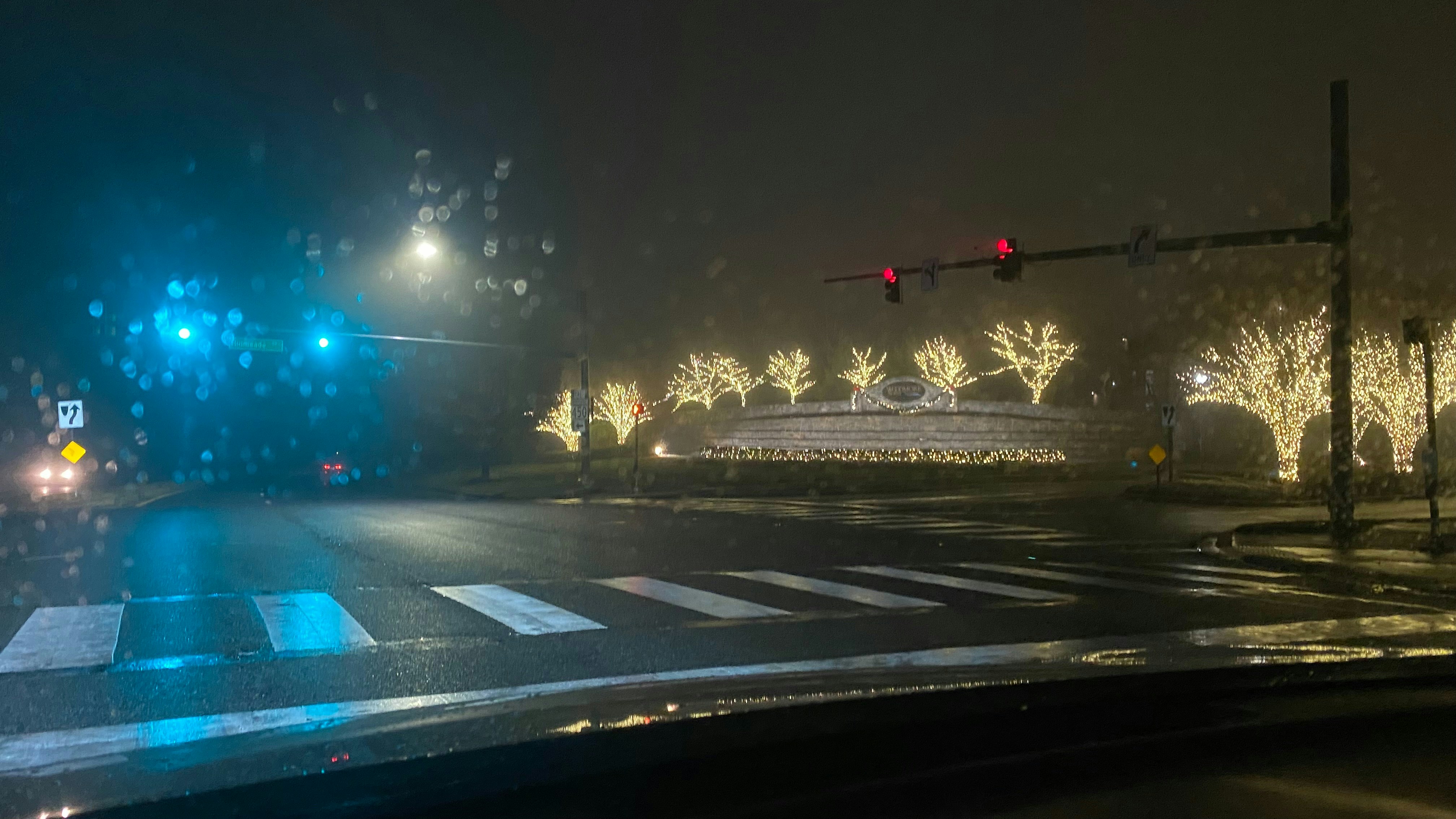 A rainy intersection at night with trees wrapped in glowing white holiday lights
