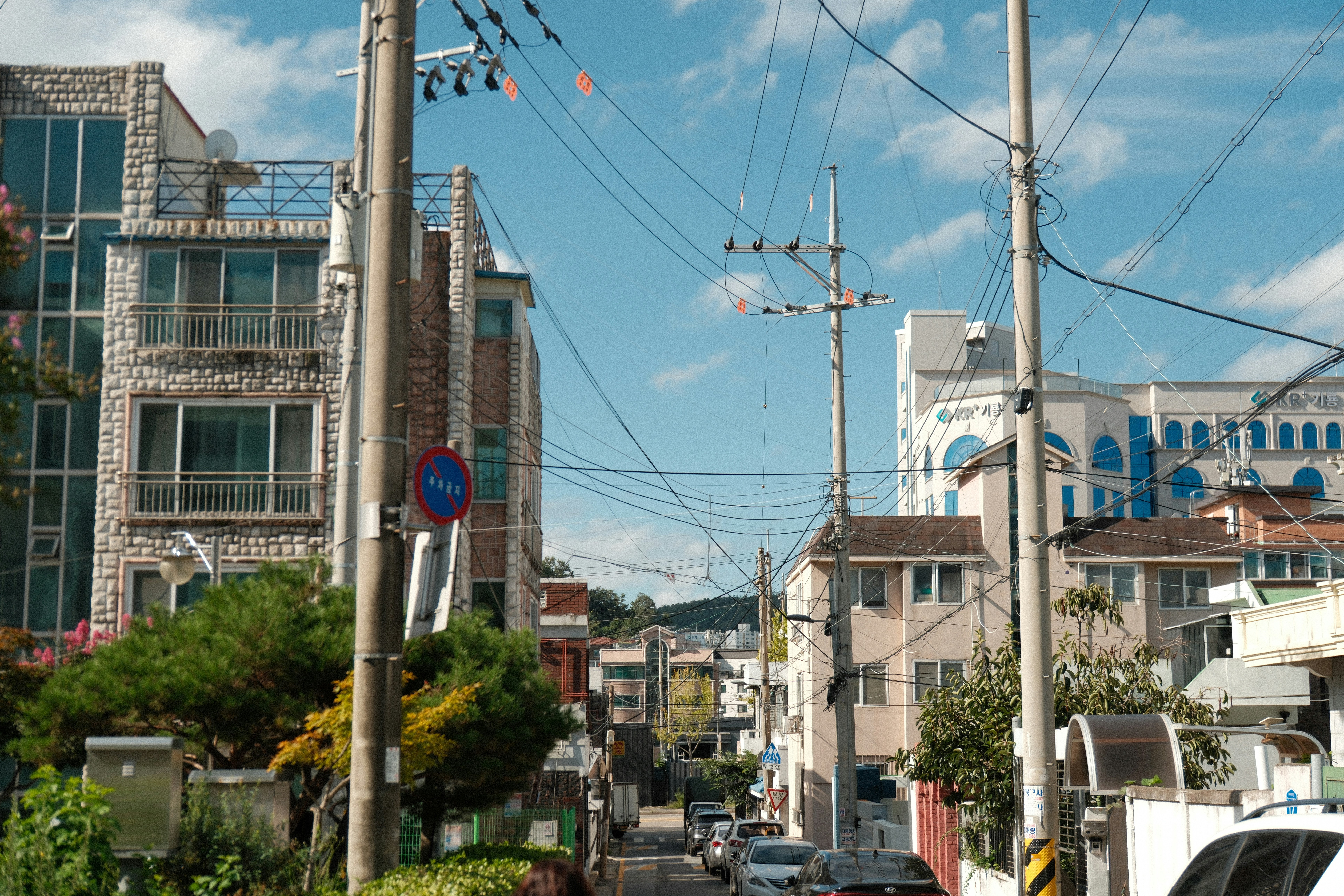 Urban Skyline Through Wires: A Quiet Street in Morning Light