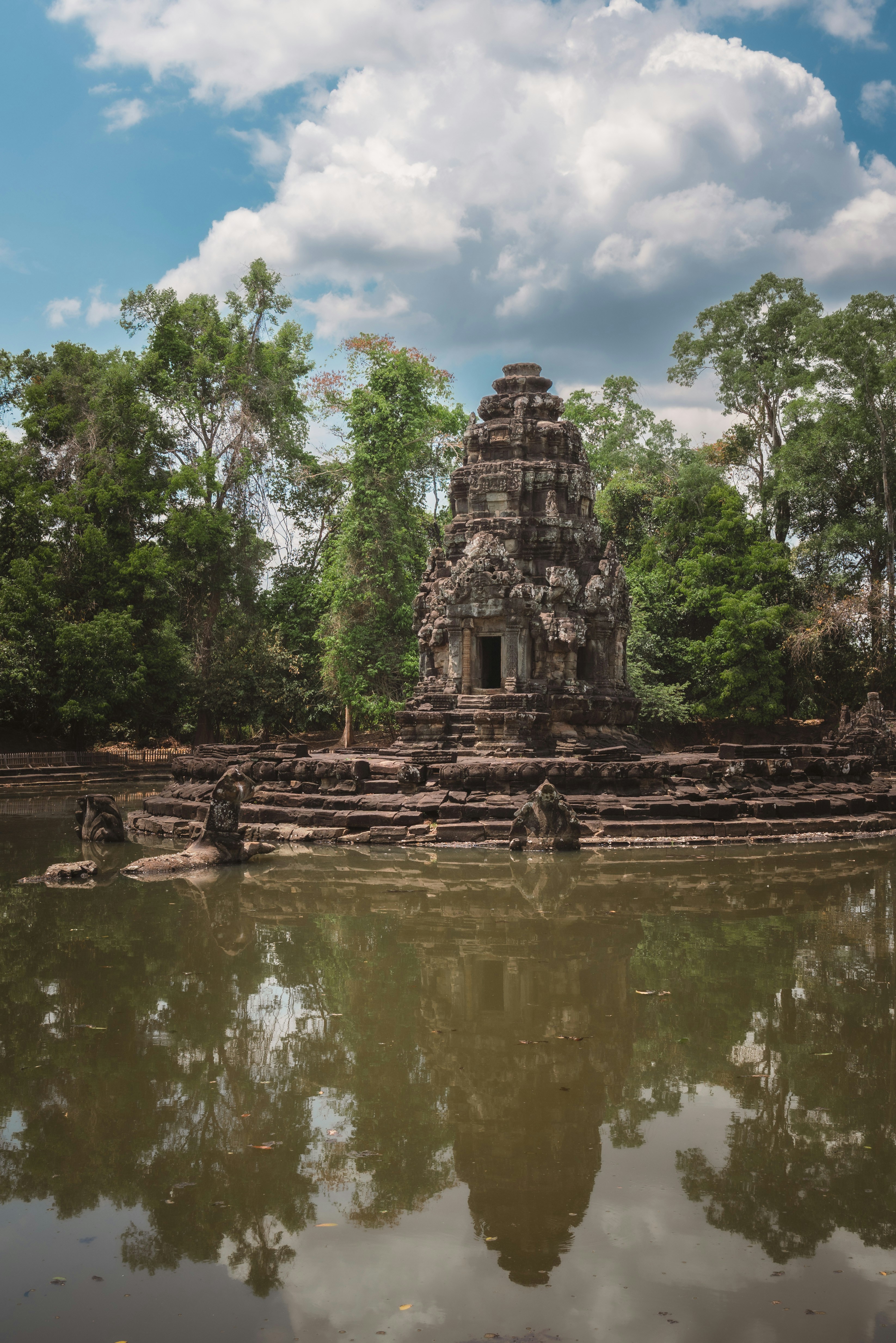 Temple in the reflected pond: a Khmer ruin amidst tropical trees