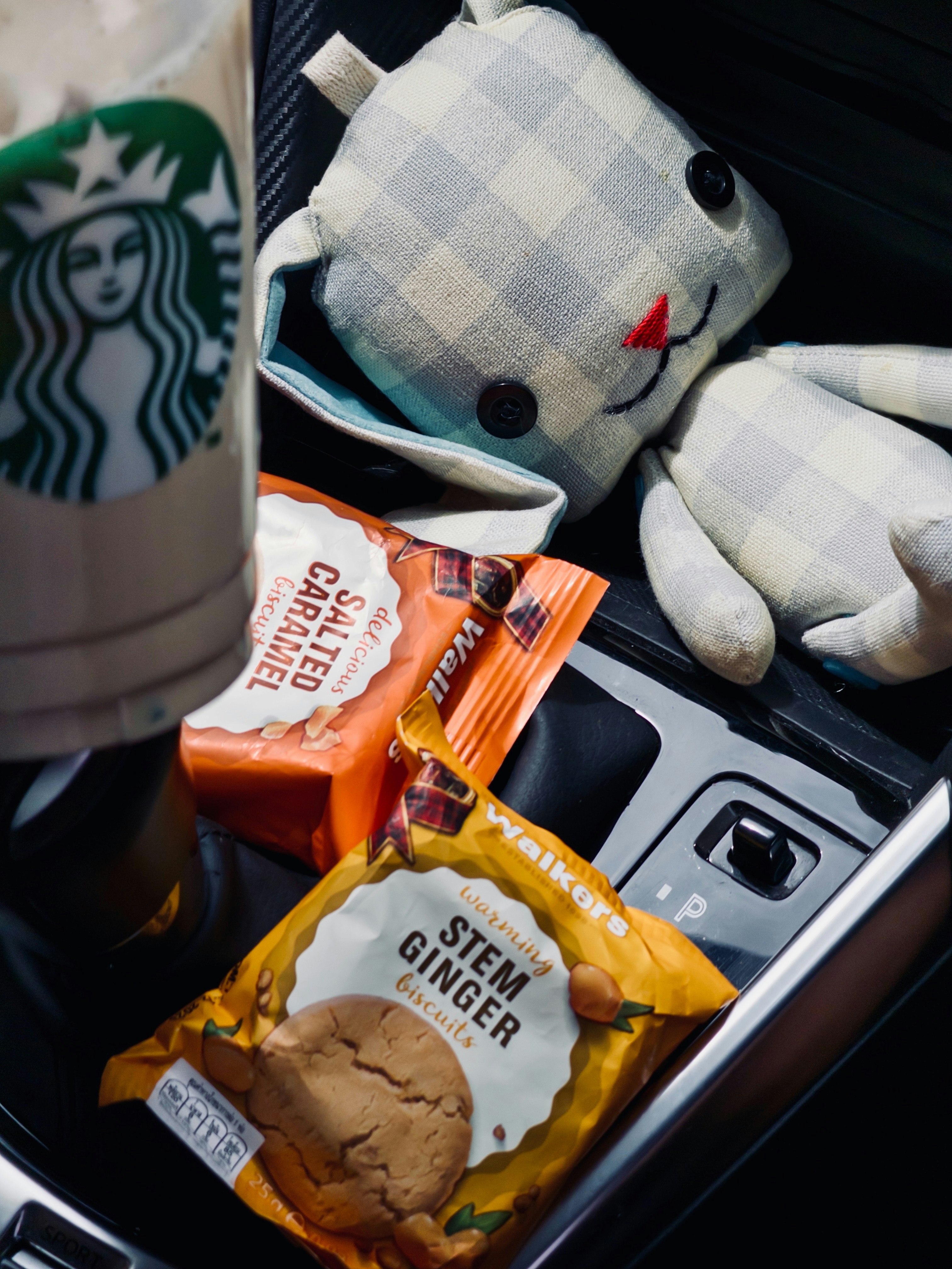 Snack Stop in the Cupholder: A Plush Companion and Treats