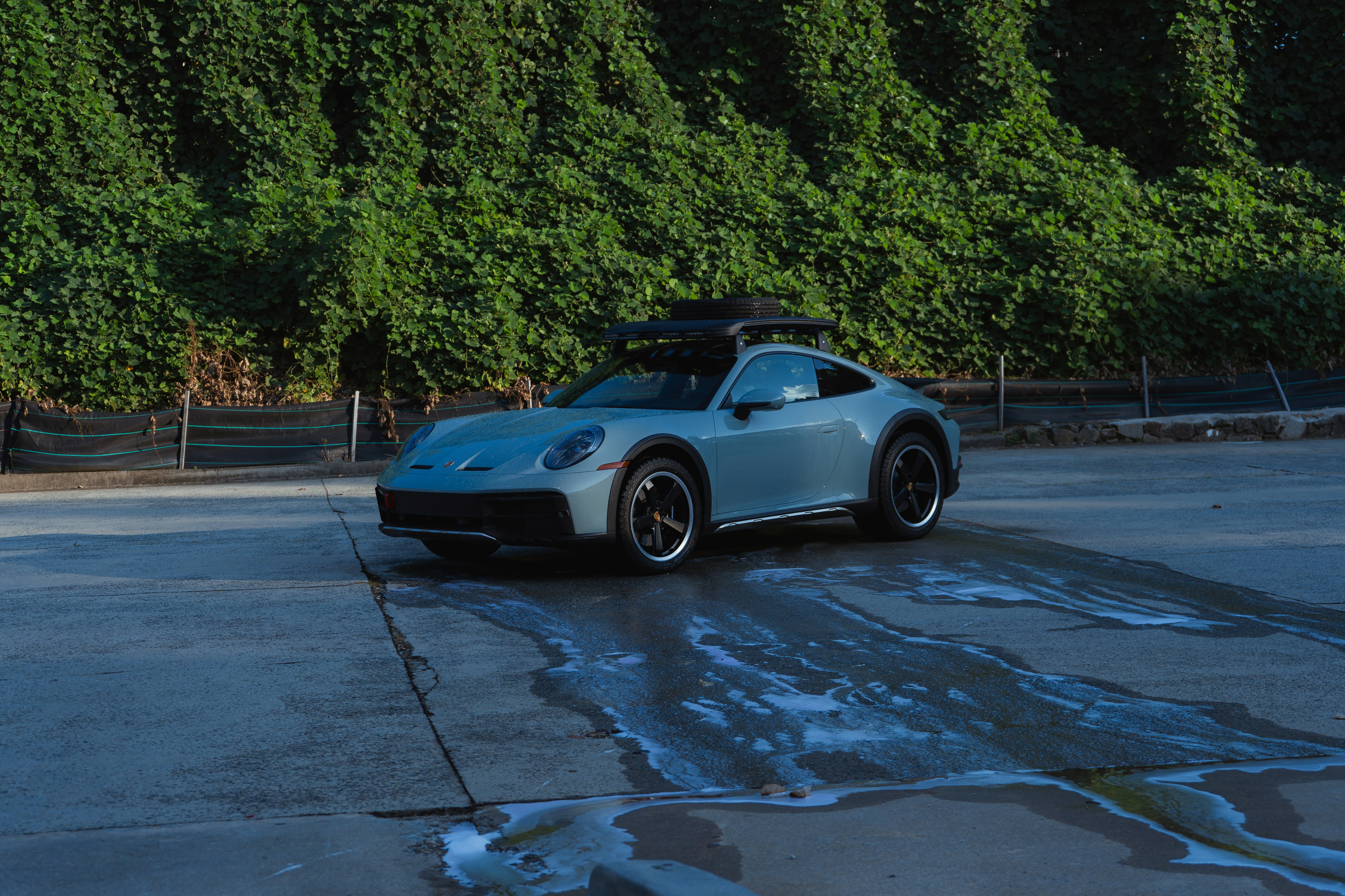 Blue Porsche Stopped on Wet Concrete with Green Hedgeback