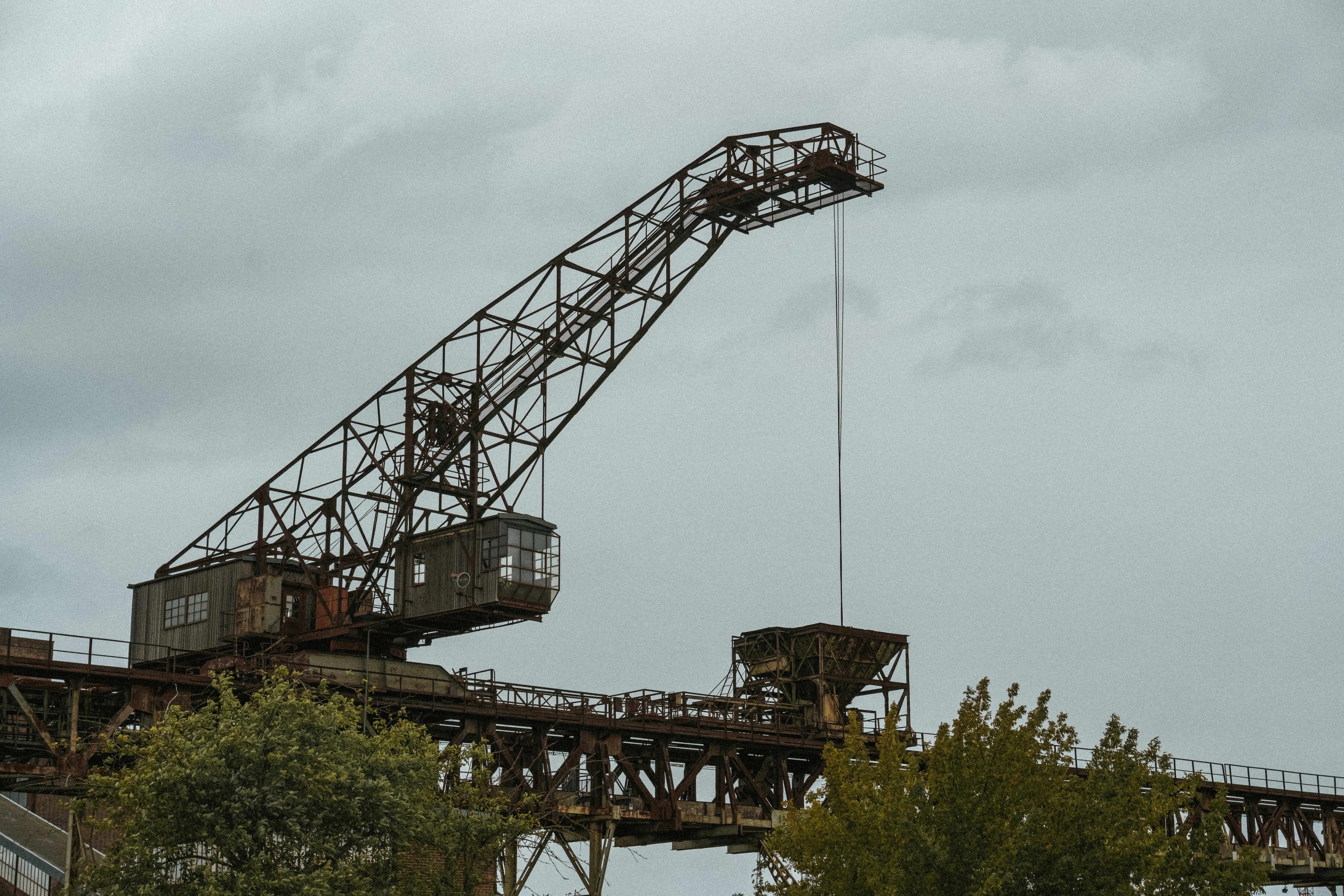 Industrial Crane Arcs Over a Distant treeline