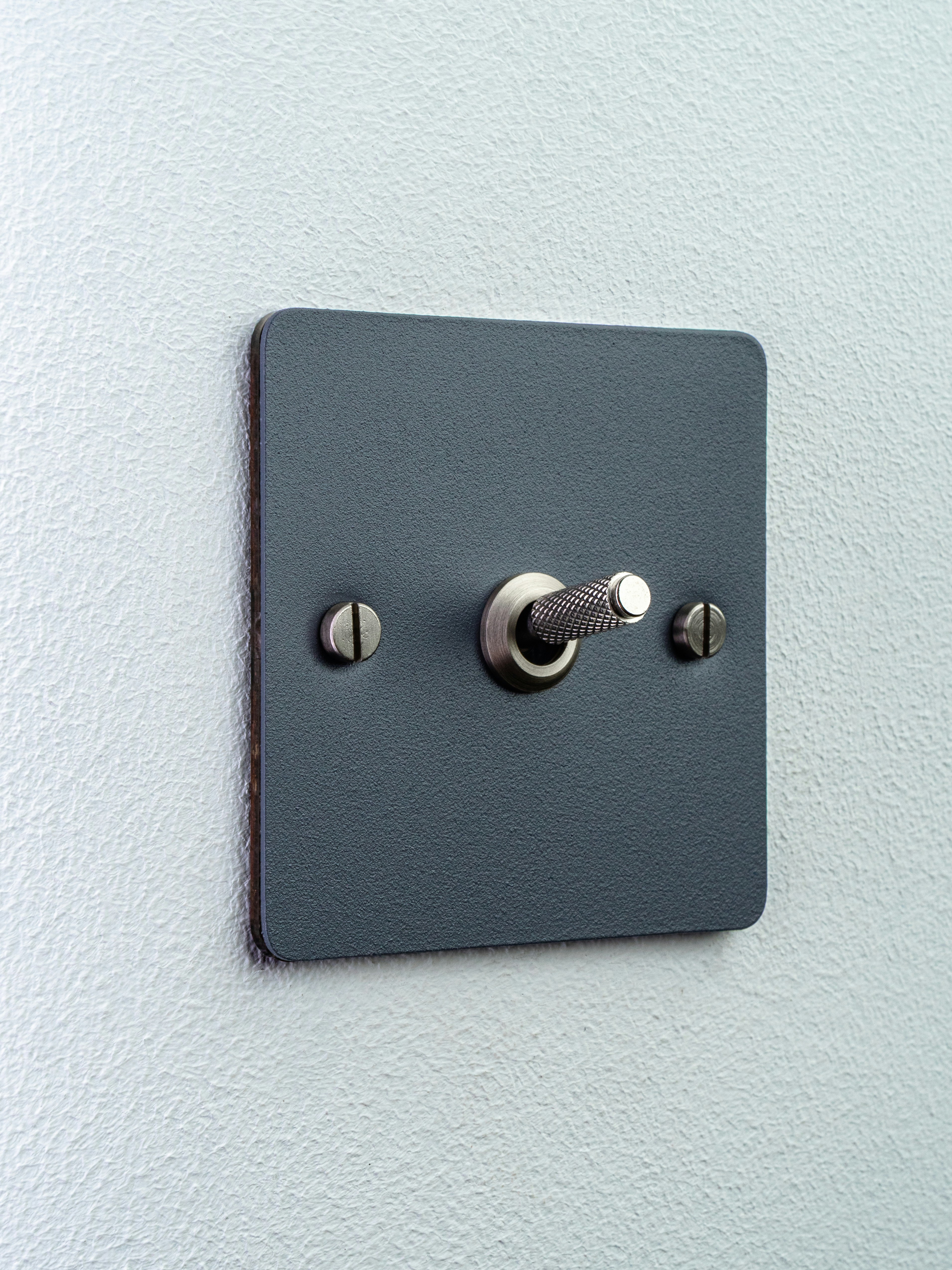 Close-up of a dark square plate with a textured toggle switch on a pale wall, highlighting hardware details and metallic textures.