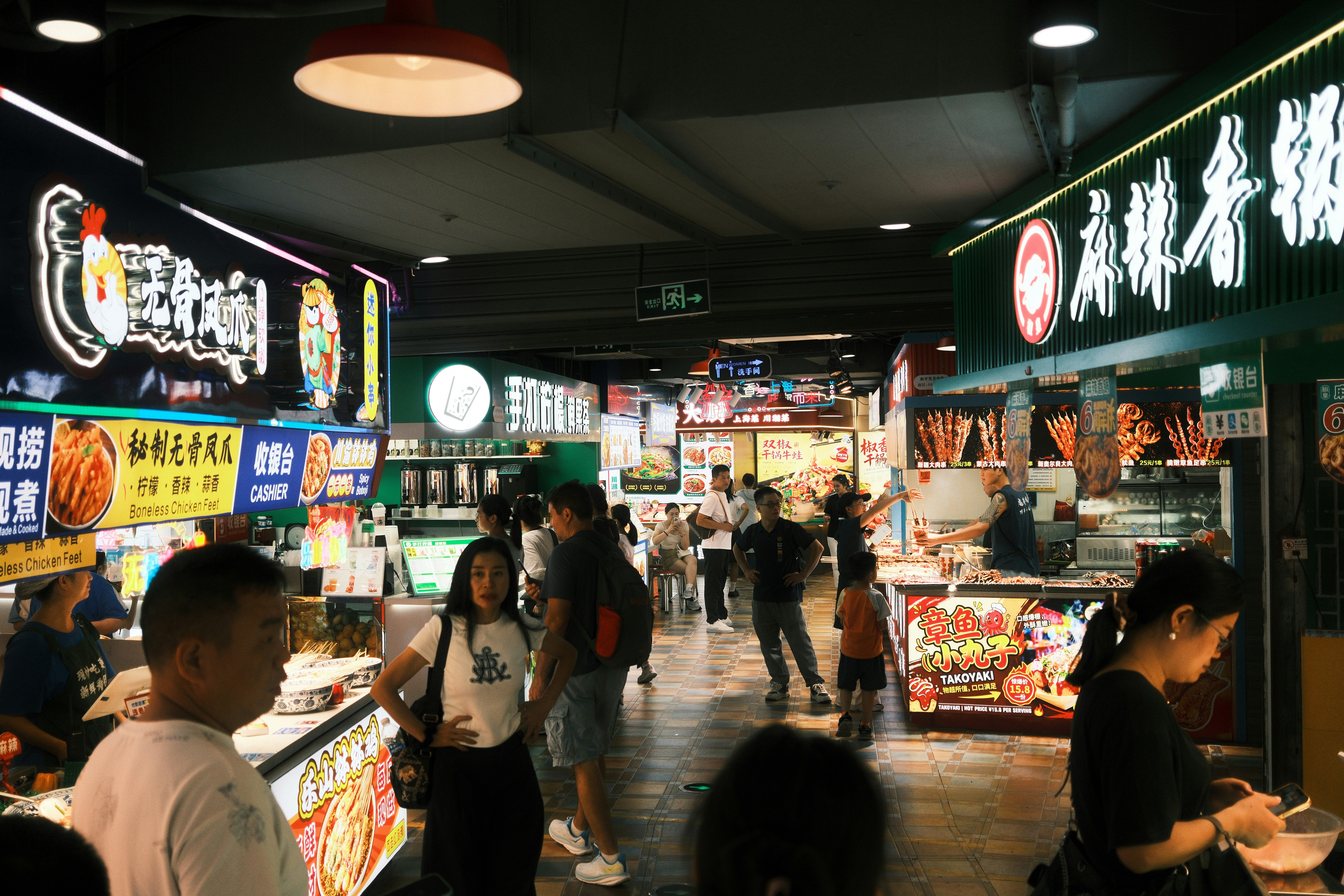 Neon Bazaar: A Bustling Food Court Corridor Full of Color and Motion