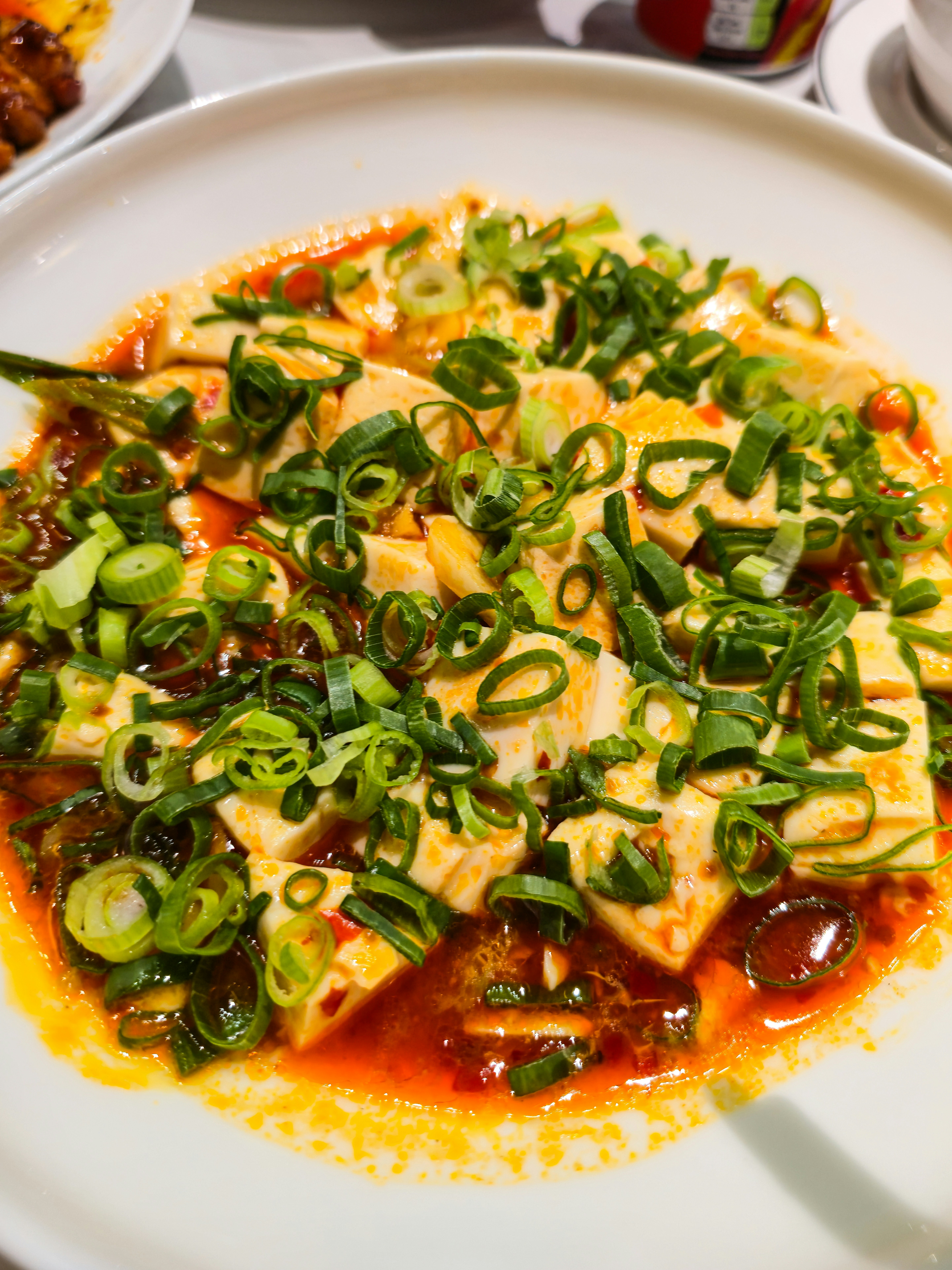 Spicy Mapo Tofu with Green Onions: a vibrant plate of soft tofu squares in a chili-garlic bath