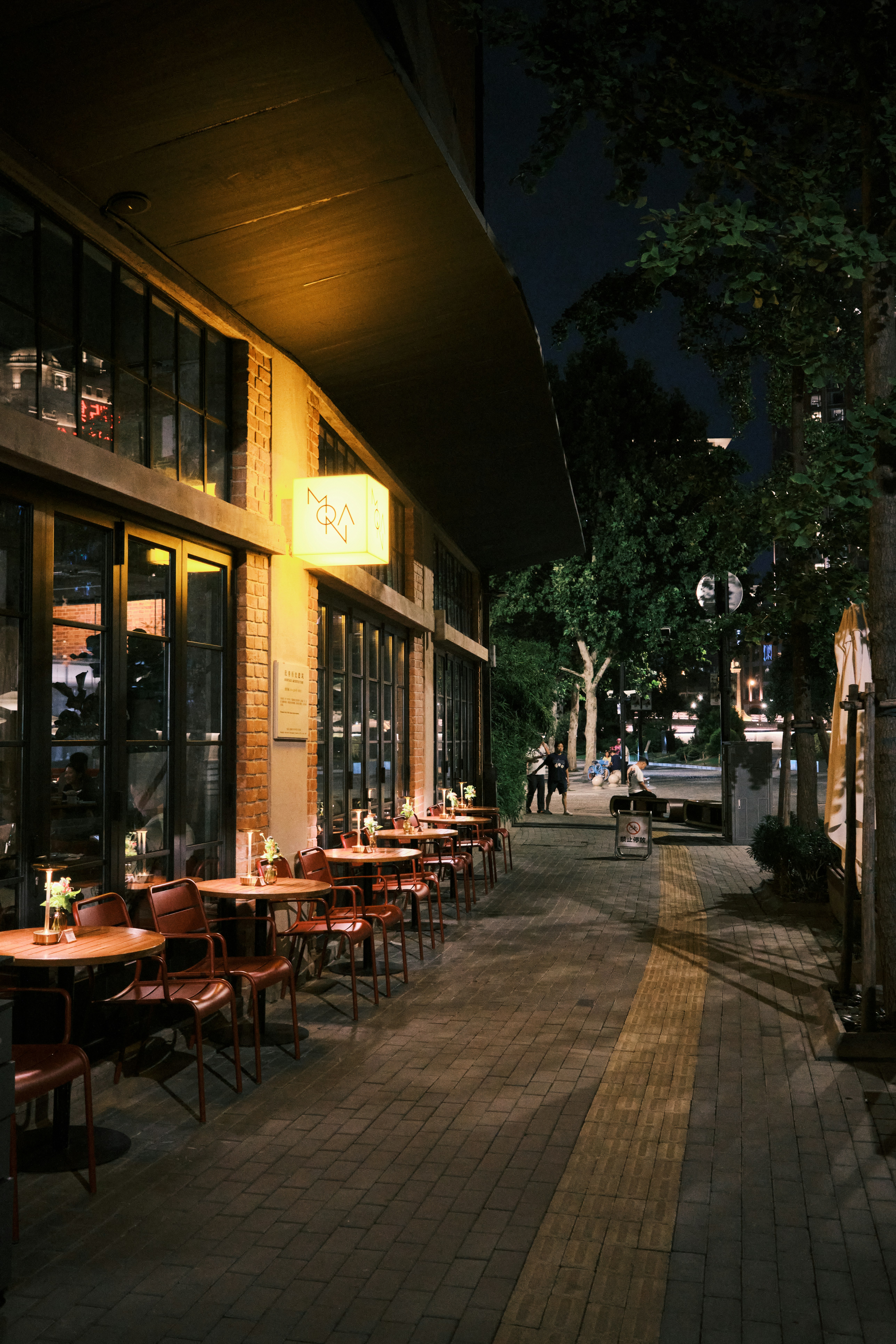 Warm Lights along a Quiet Night Café Row