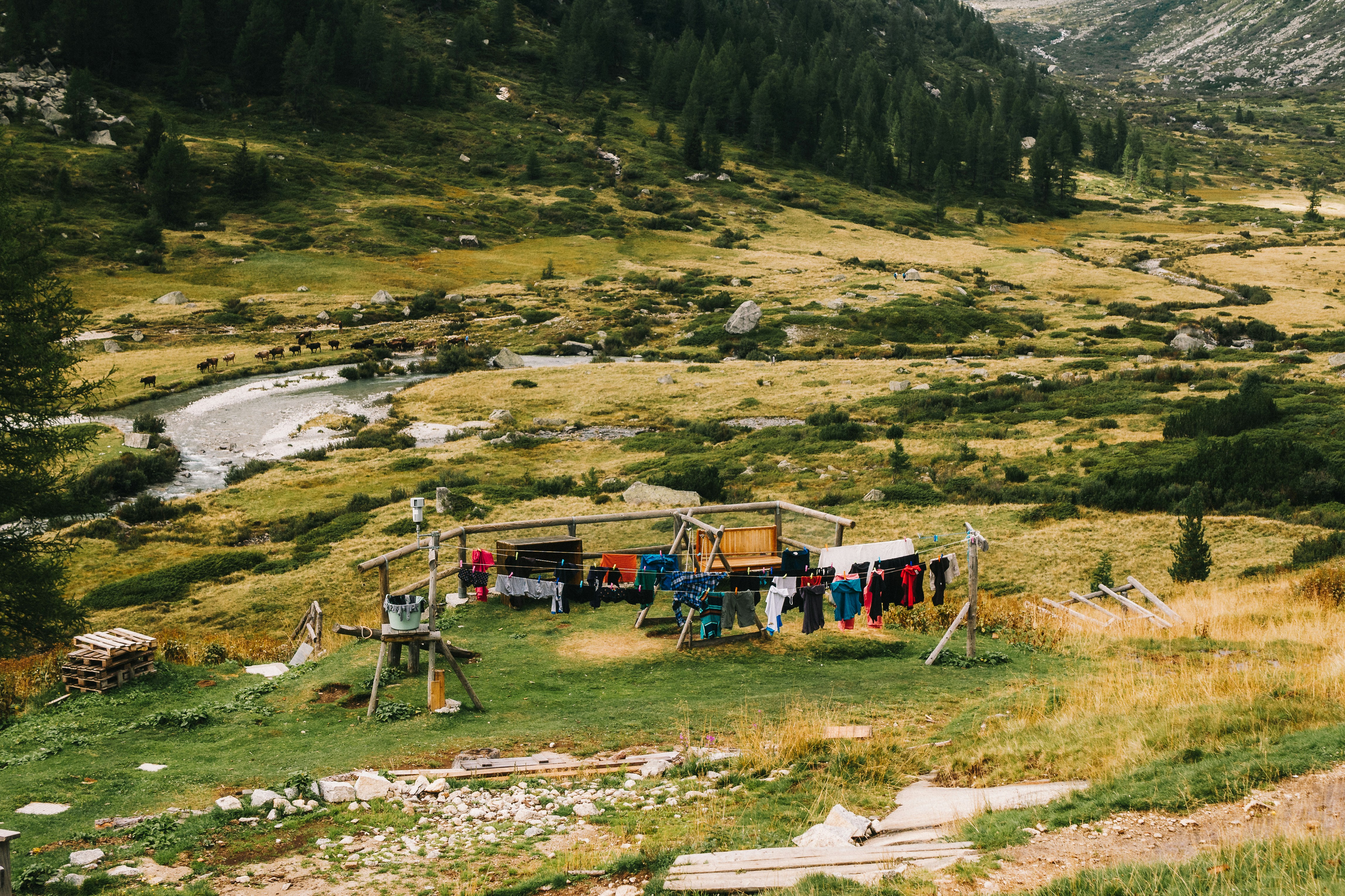 Laundering the hillside: makeshift clothesline under alpine meadow