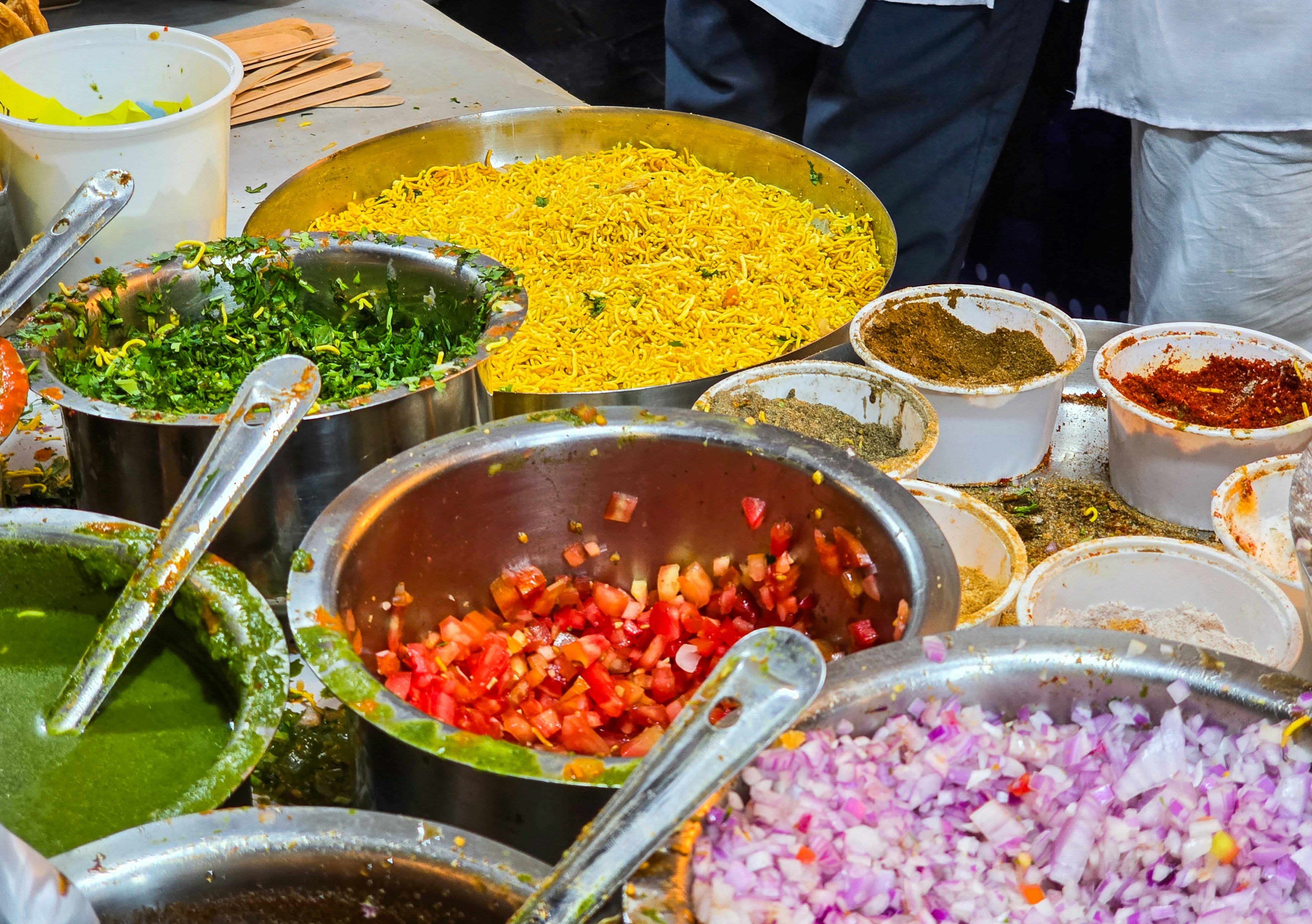 Vibrant Corners of a Street Spice Bar: Colorful Chutneys and Rice Pulao