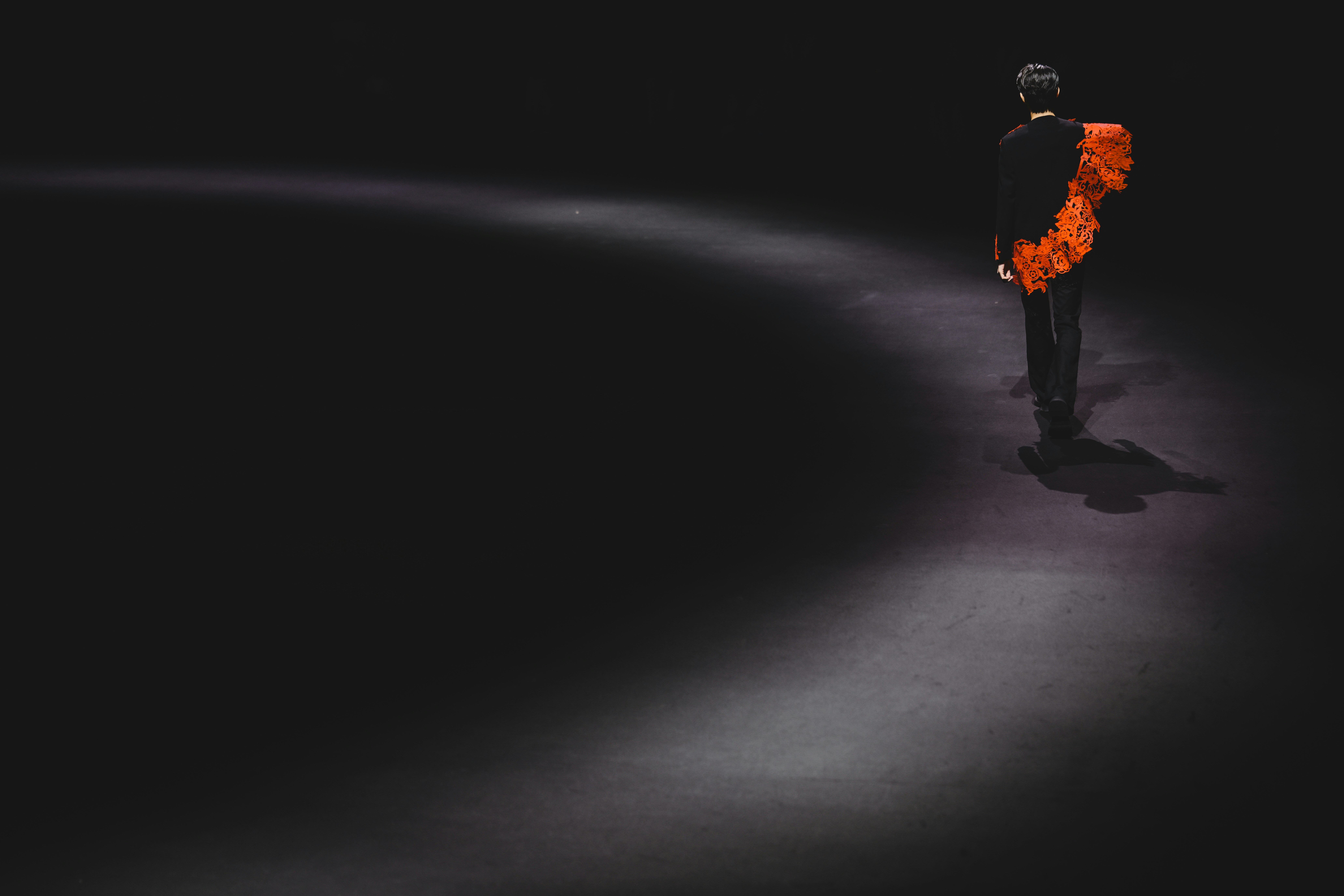 Lone Figure in a Spotlight with a Red Floral Accent