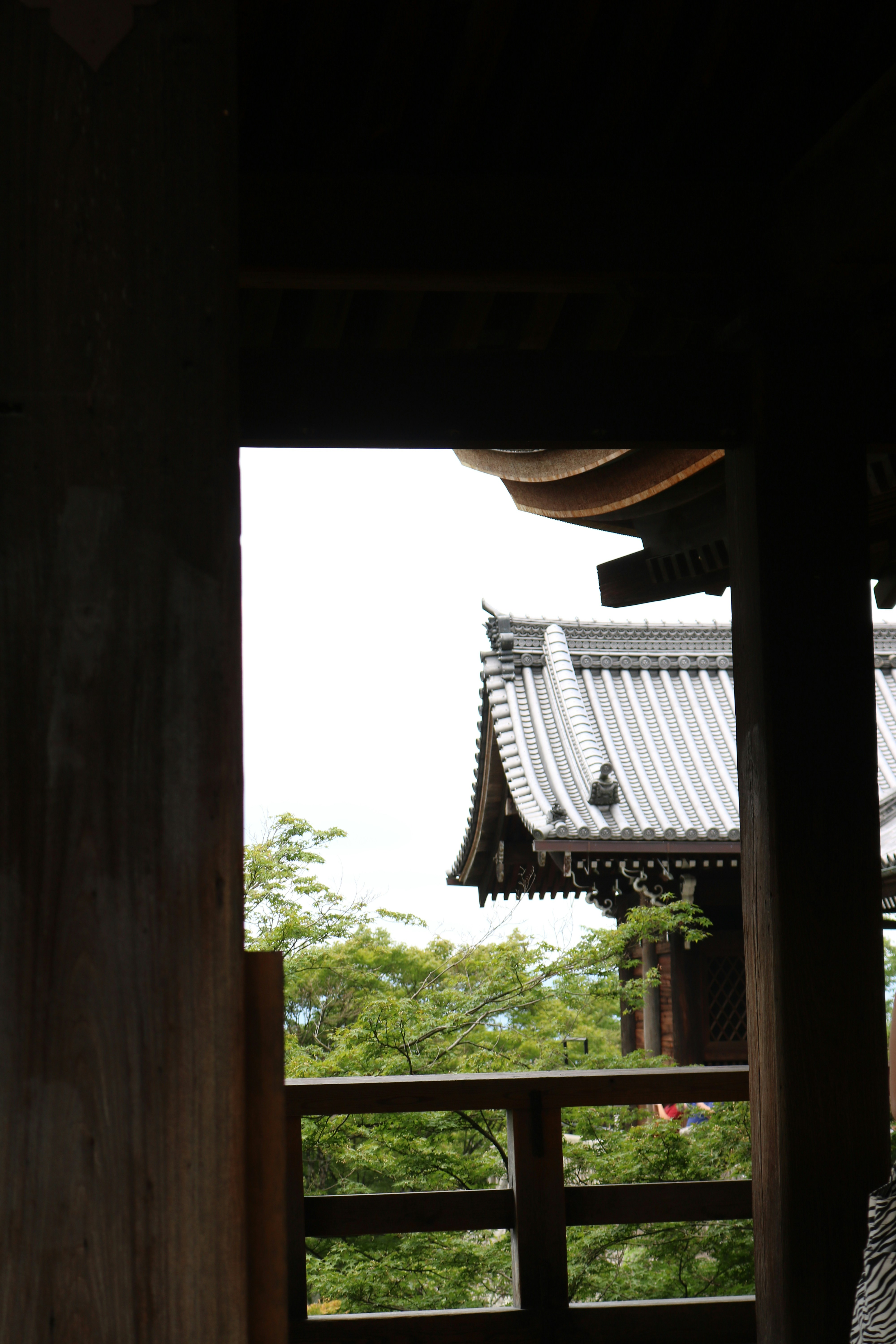Through the Gate: Temple Roof Framed by Wooden Portal