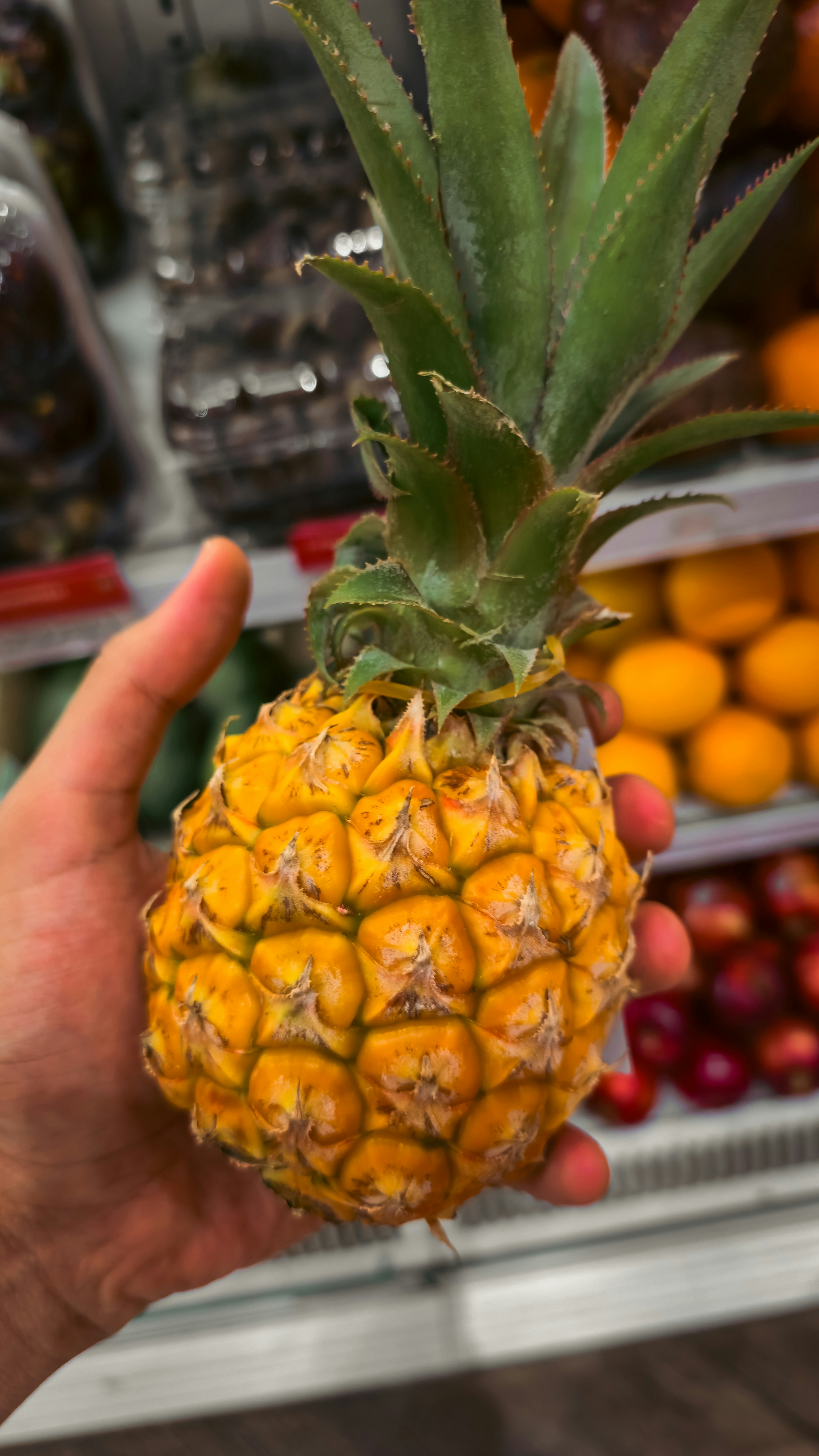 Handful of Sunshine: A Golden Pineapple Gripped Amid Grocery Aisles