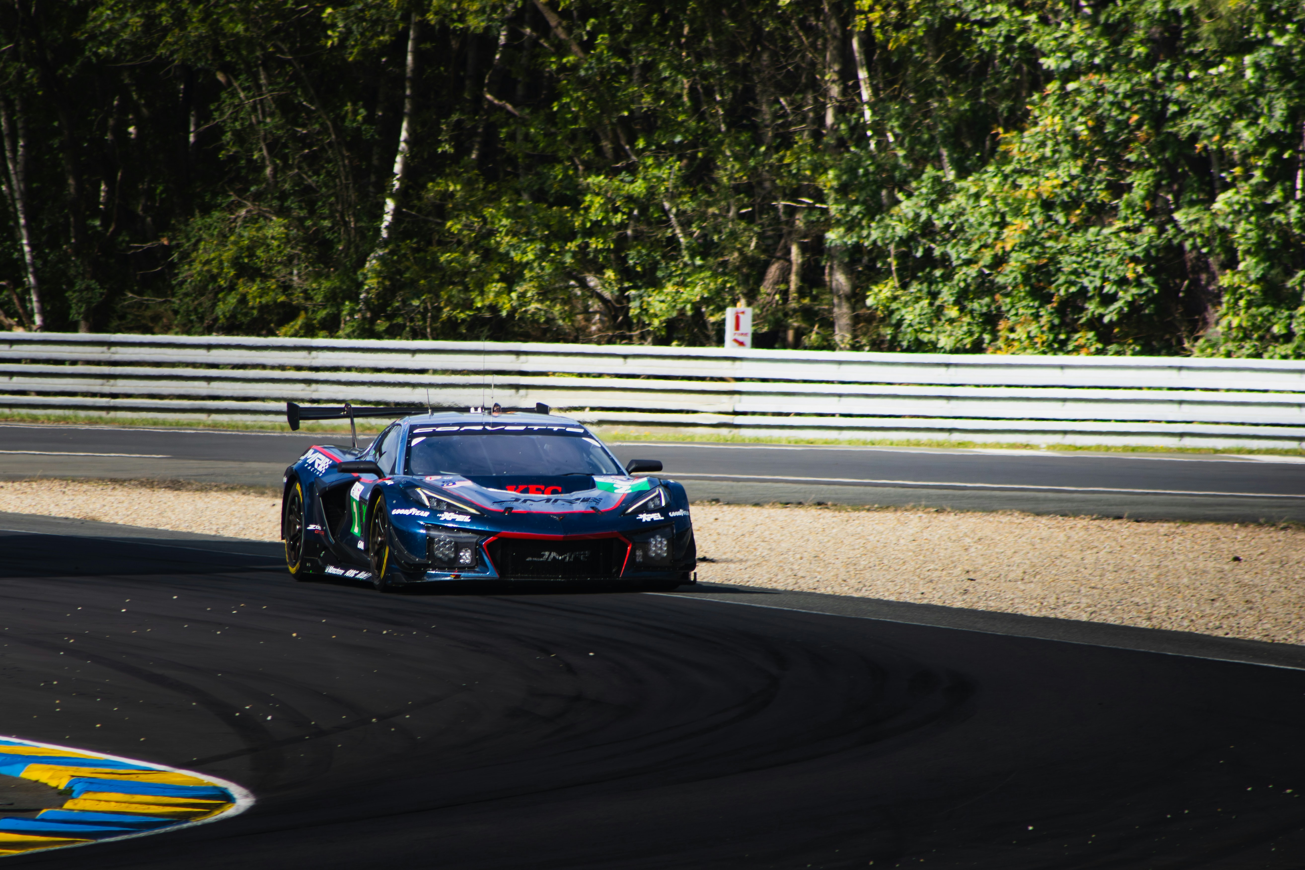 Blue race car powers through a left-hand turn on a race track with tire marks and barriers in the background. A blurred guardrail and dense trees frame the scene; the vehicle is clearly the focus of motion.