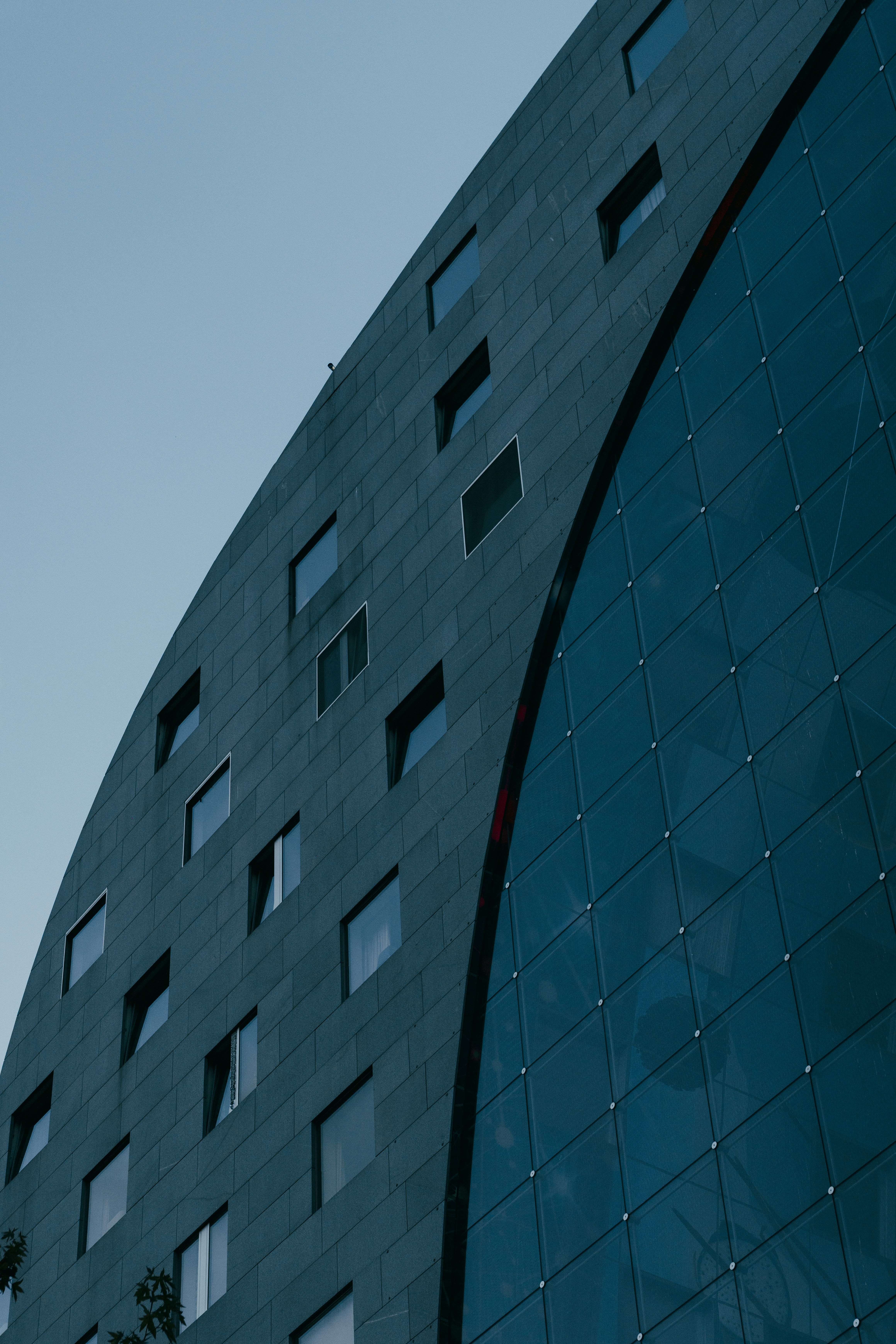 Curved Glass Facade Framing a Grid of Windows