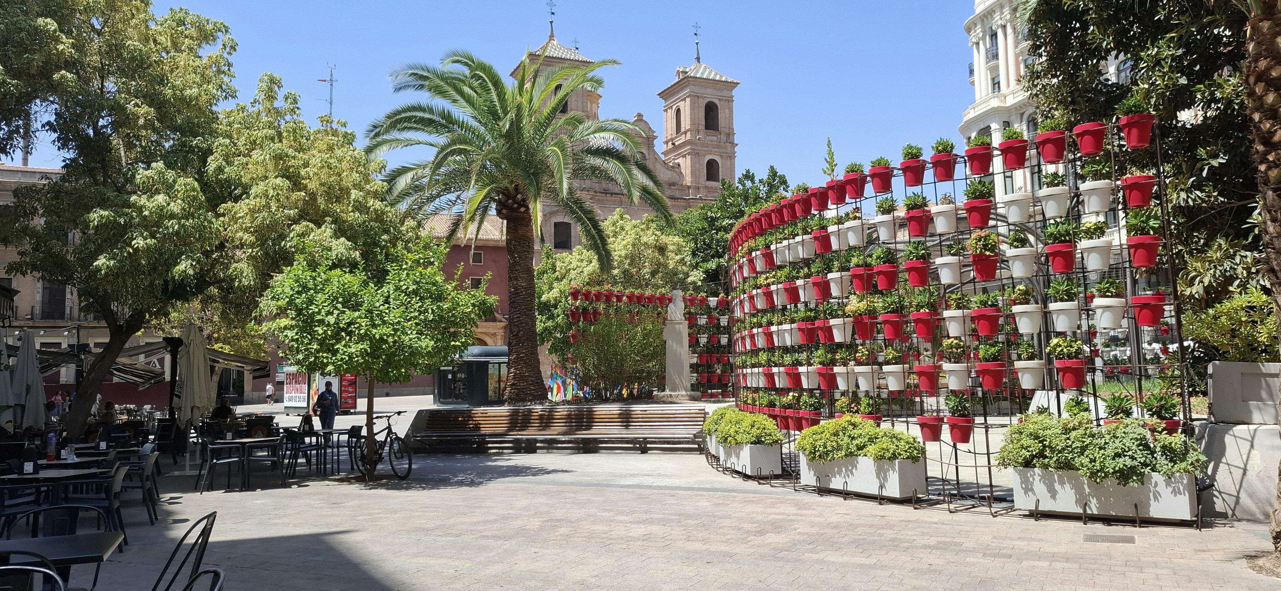 Sunlit plaza with a curved wall of red potted plants, outdoor seating, palm trees, and a historic tower in the background.