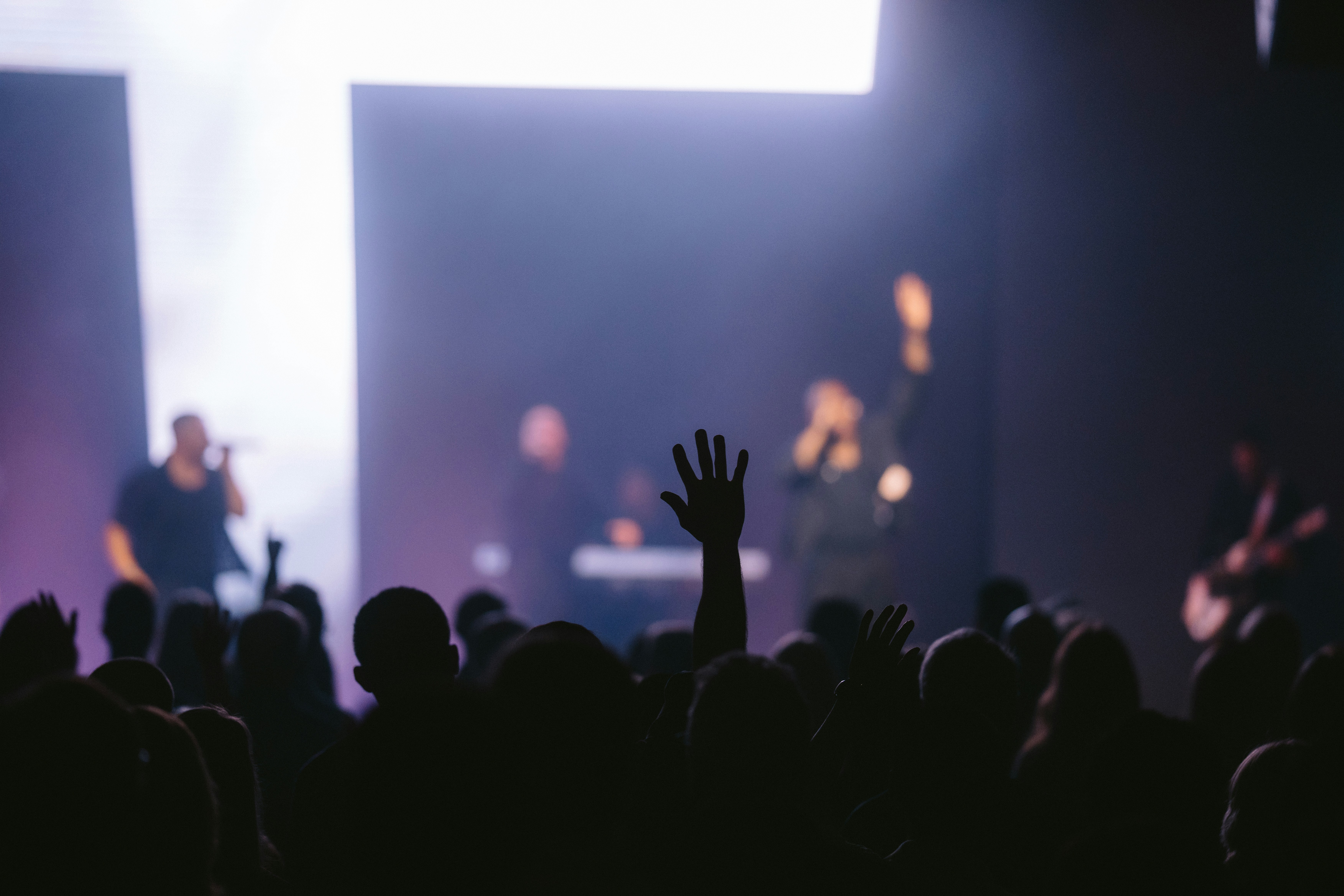 A crowd of people in silhouette at a concert with one hand raised
