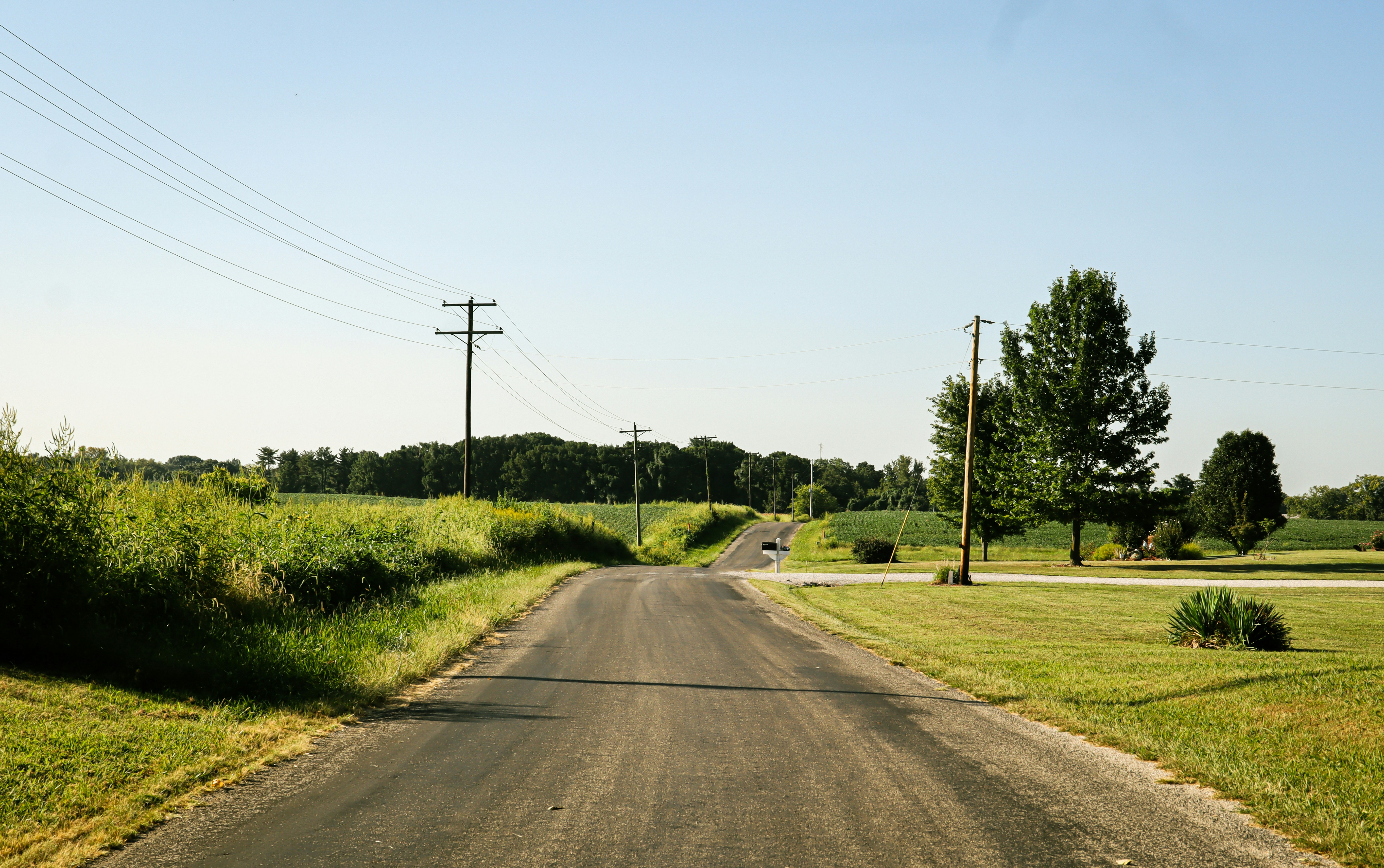 Sunlit rural road extends into the distance with power lines and trees lining the shoulders. A calm, expansive landscape emphasizing open space and quiet travel.