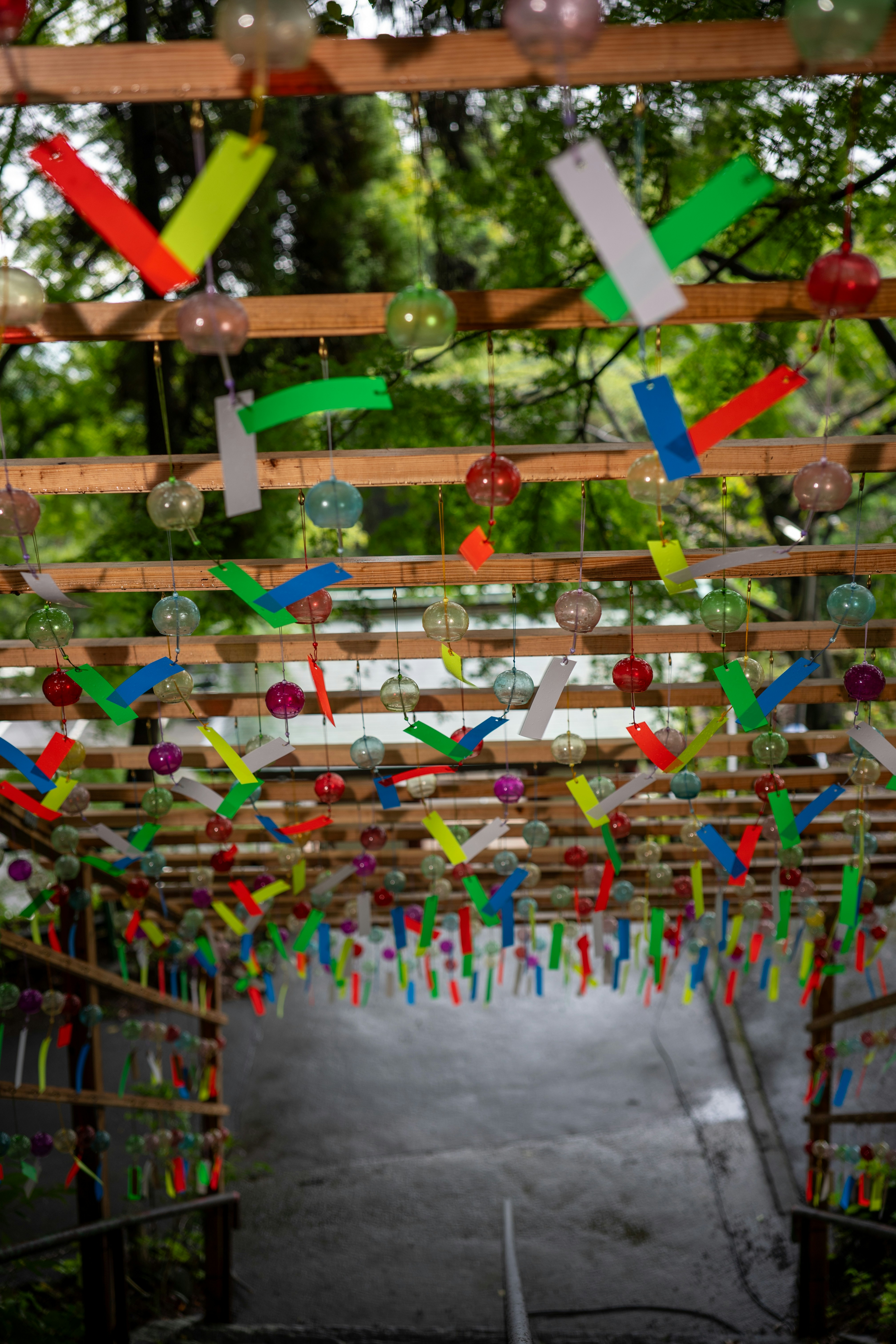 Colorful Confetti of Light: A Ceiling of Kinetic Ornaments Over a Shaded Path
