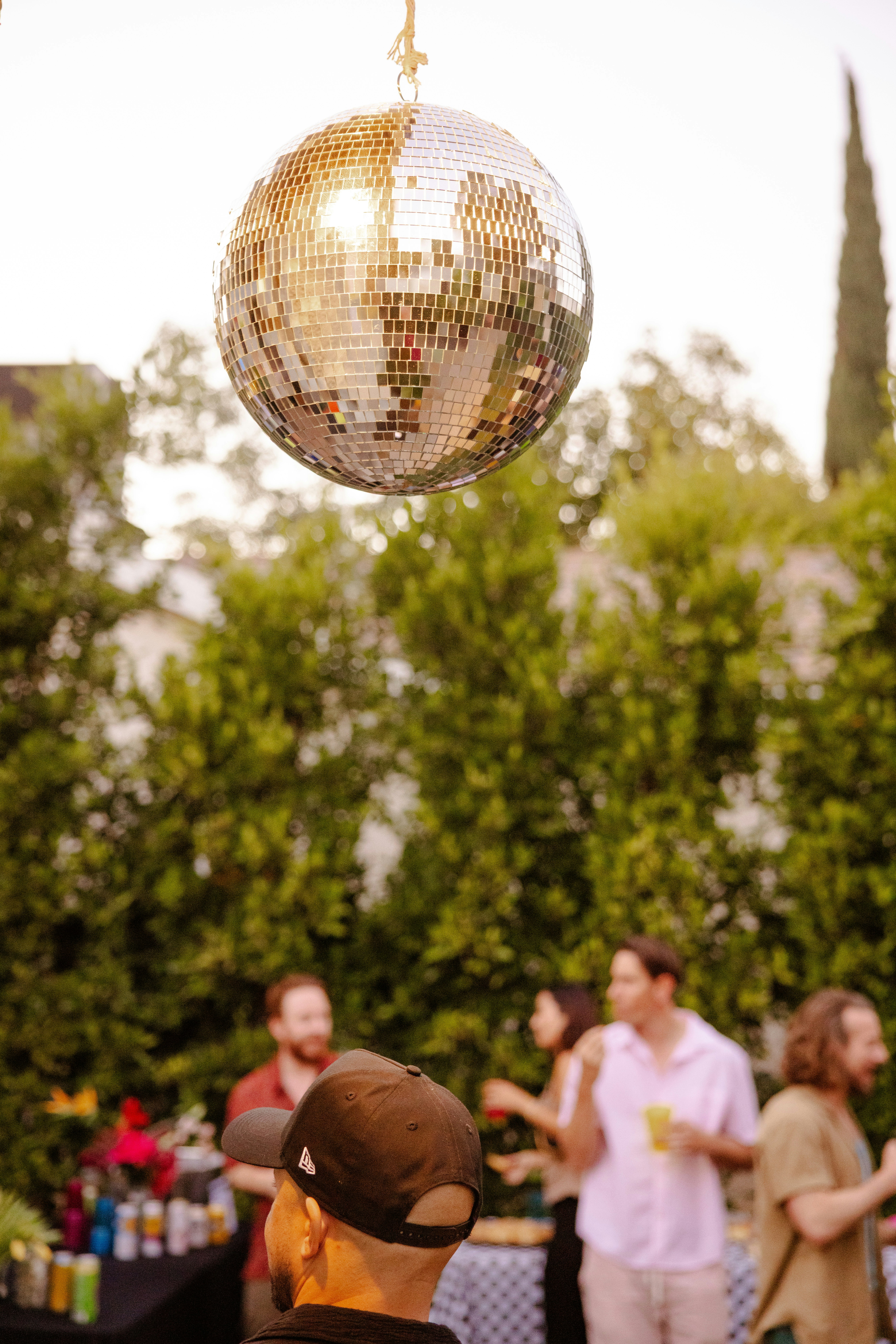 Hanging Mirrorball at Sunset Garden Party