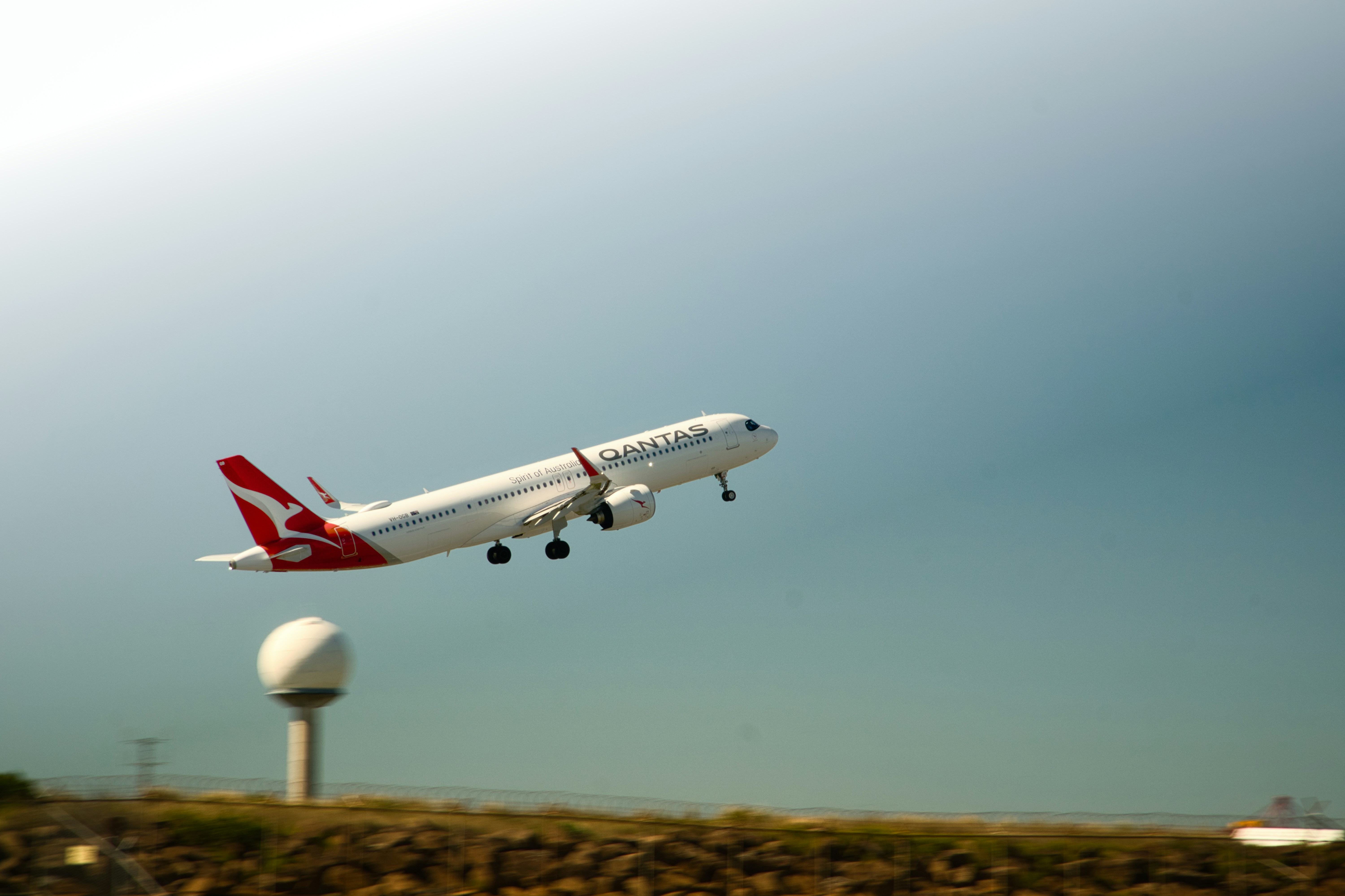 Red-tail ascent: Qantas narrow-body cleaving a sunlit horizon