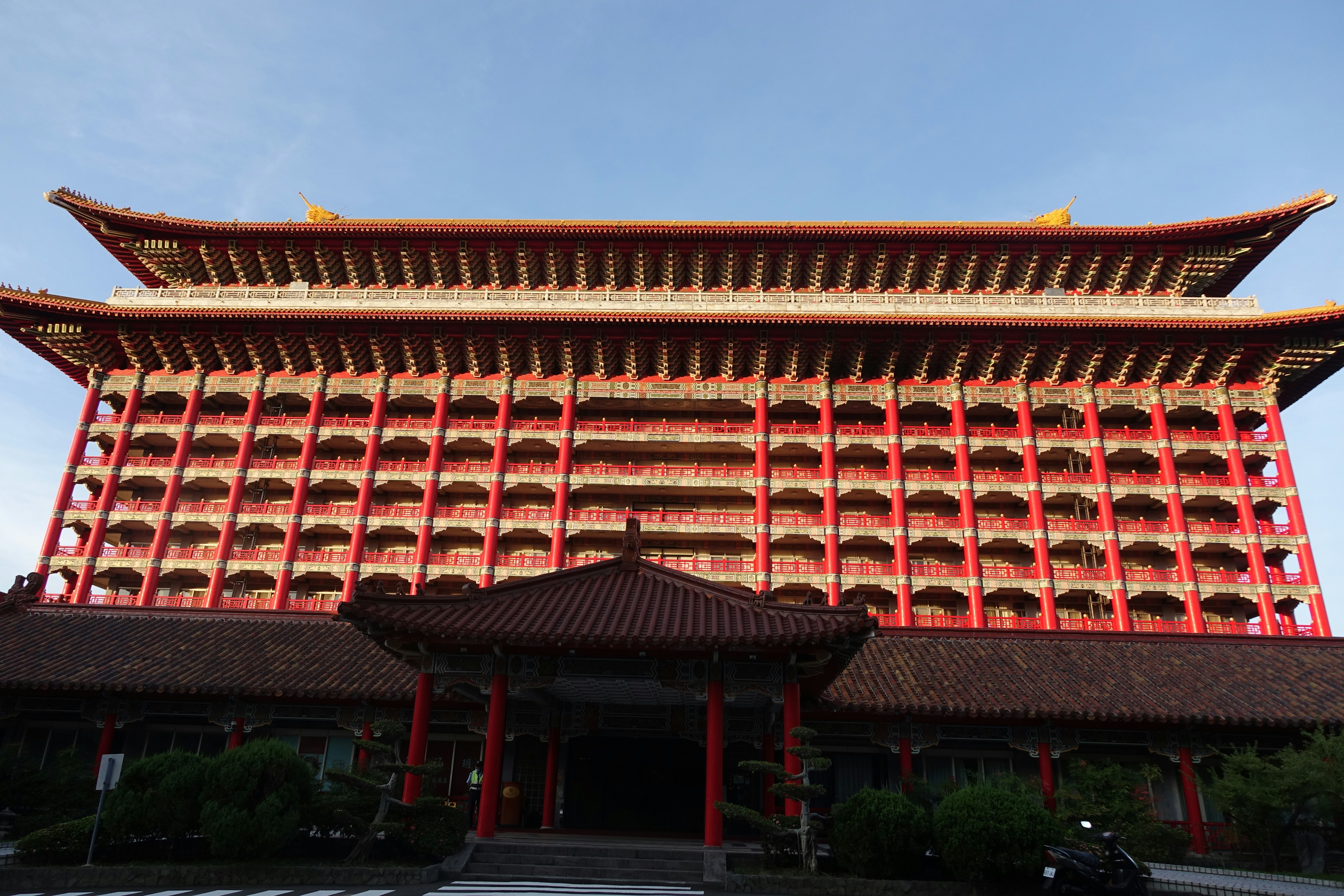 Red-Columned Temple Facade: A Symmetry of Tradition