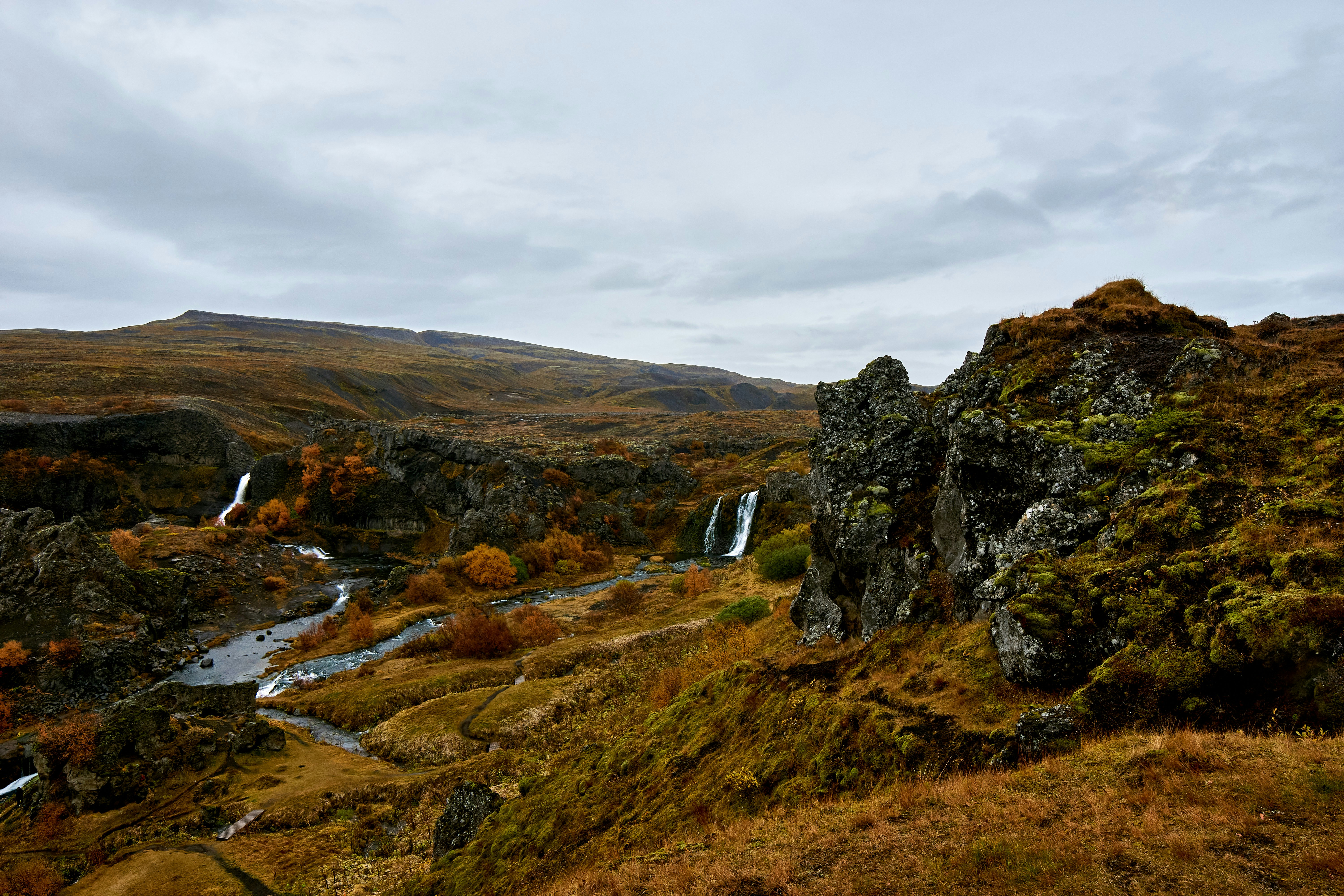 Rugged Icelandic Highlands: Mossy Rocks and Cascading Falls
