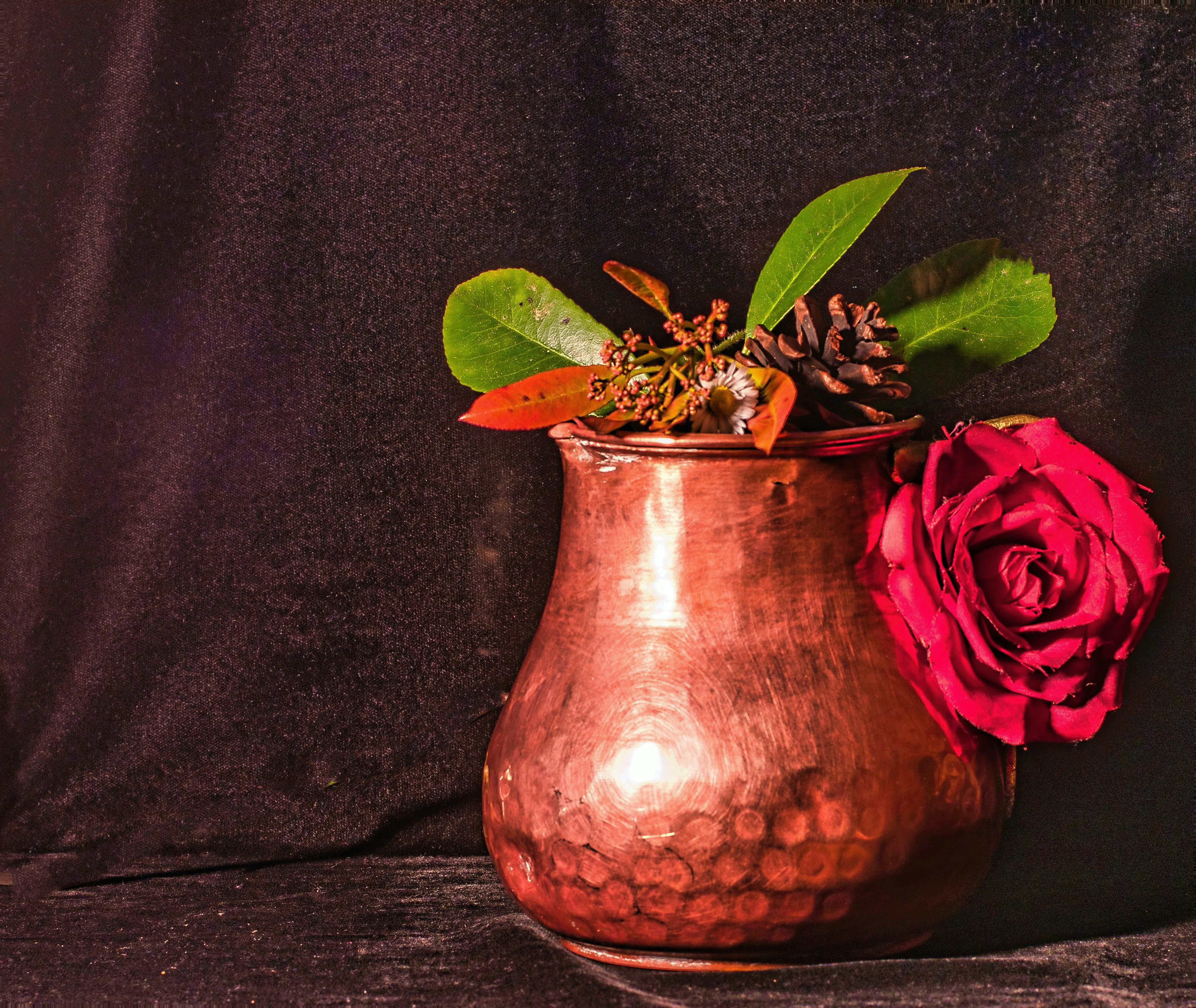 Copper Vase with Red Rose: Quiet Still-Life in Velvet Shadow