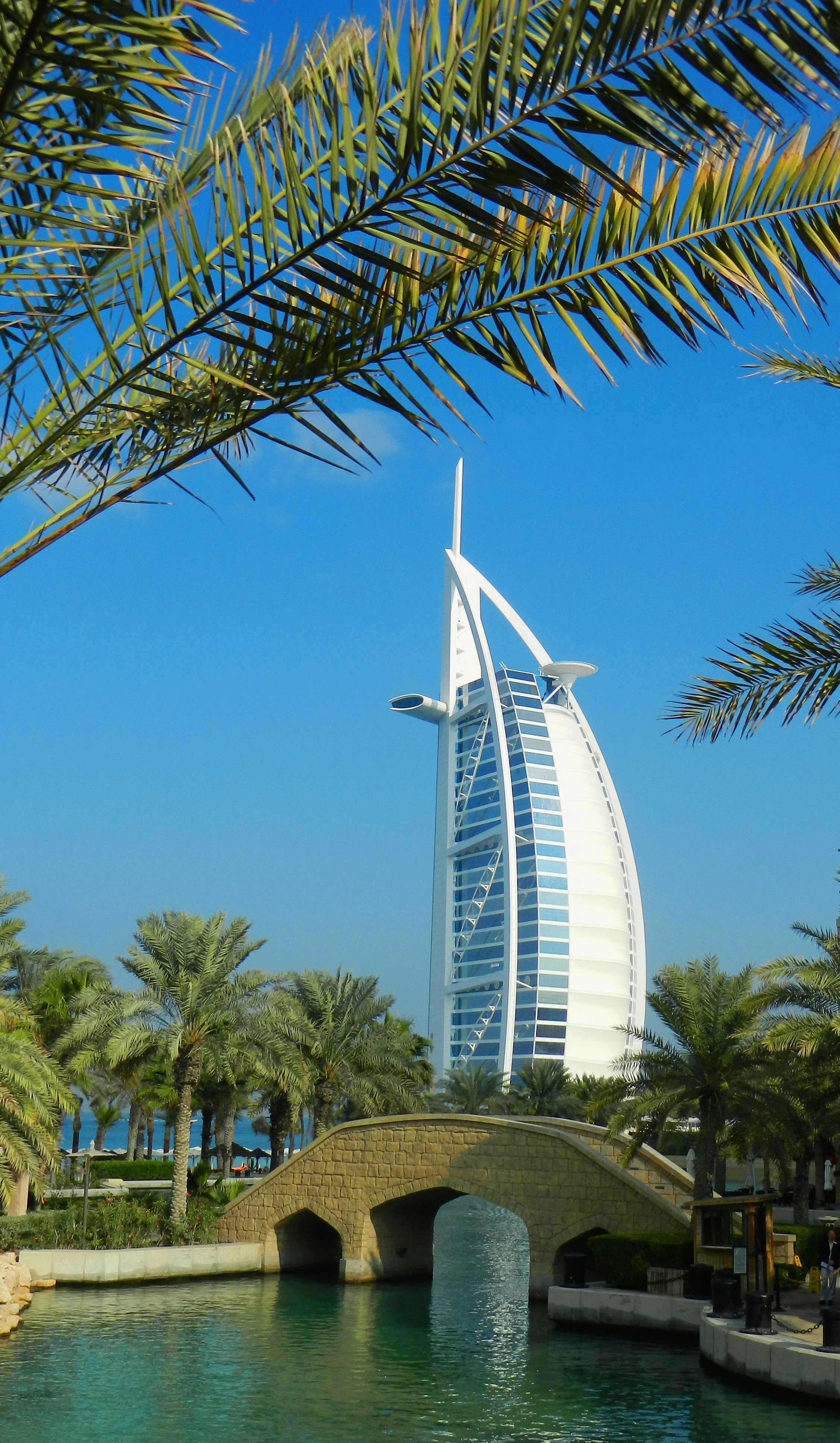 Sunlit Oasis: Burj Al Arab Rising over Palm-Lined Canal