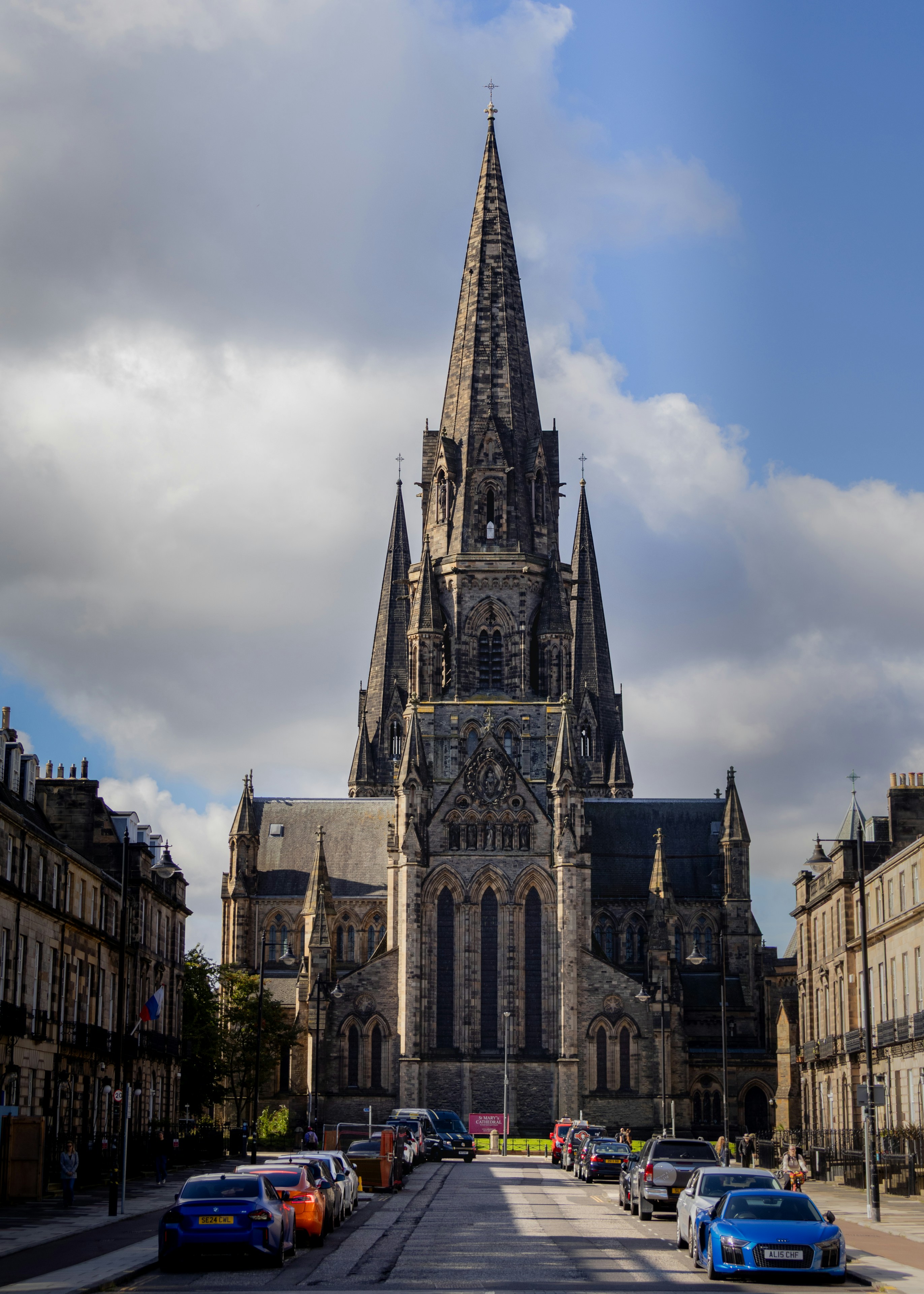 Gothic Cathedral Rising: A Street-Front Perspective of Stony Spires