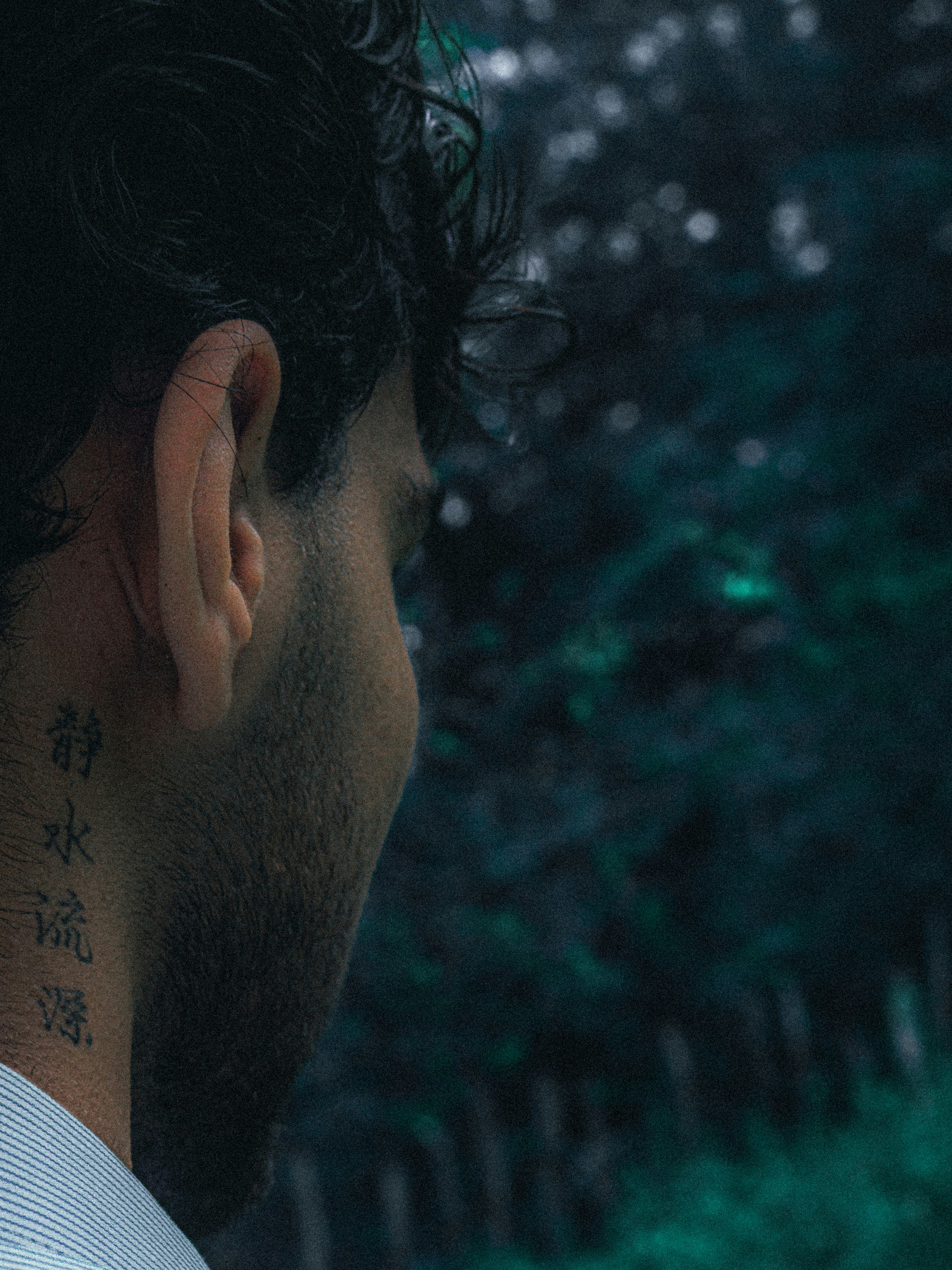 Shadowed Connection: Back of the Head with Foreign Script