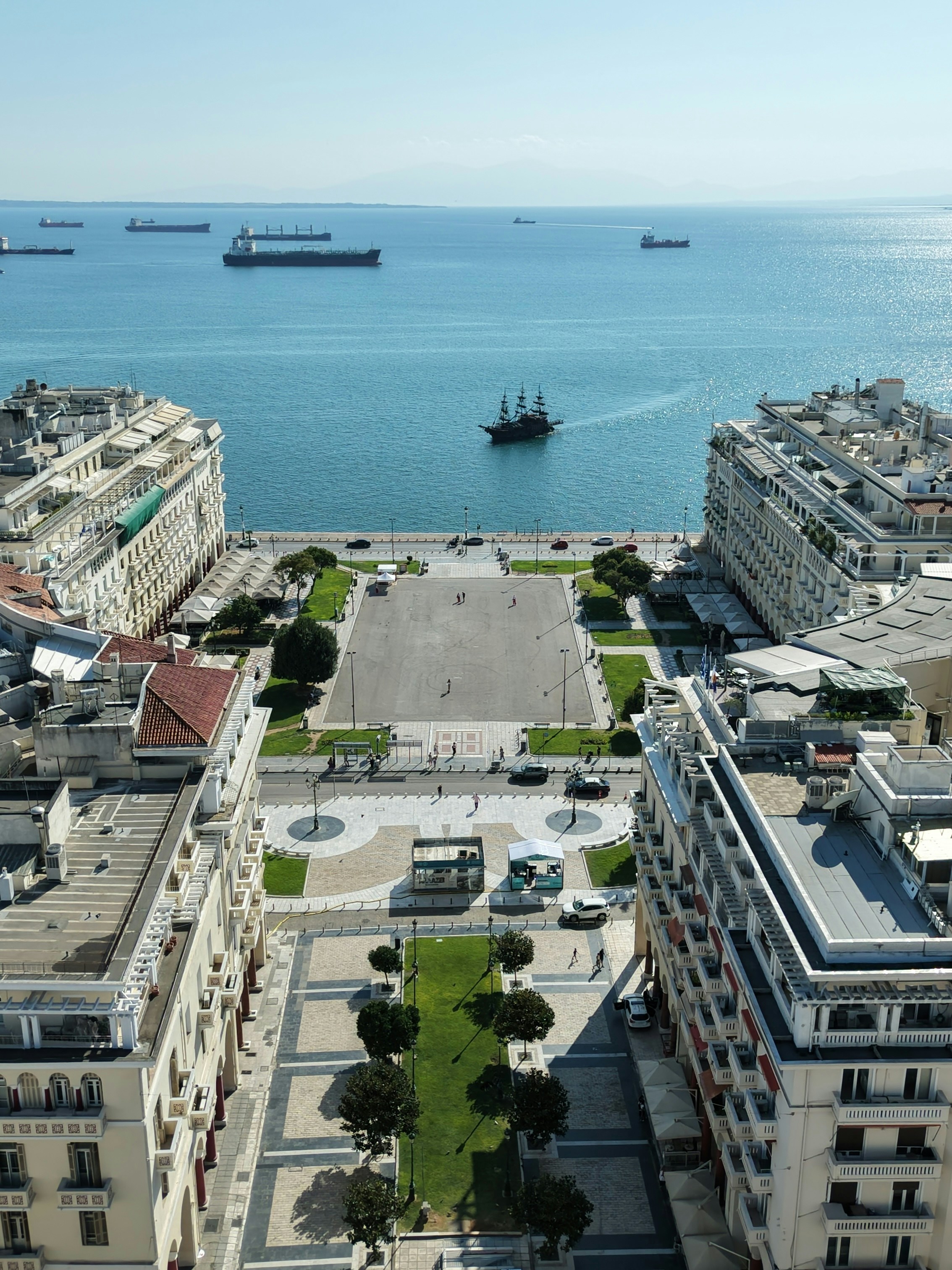 Aerial view of Aristotelous Square in Thessaloniki leading to the Aegean Sea