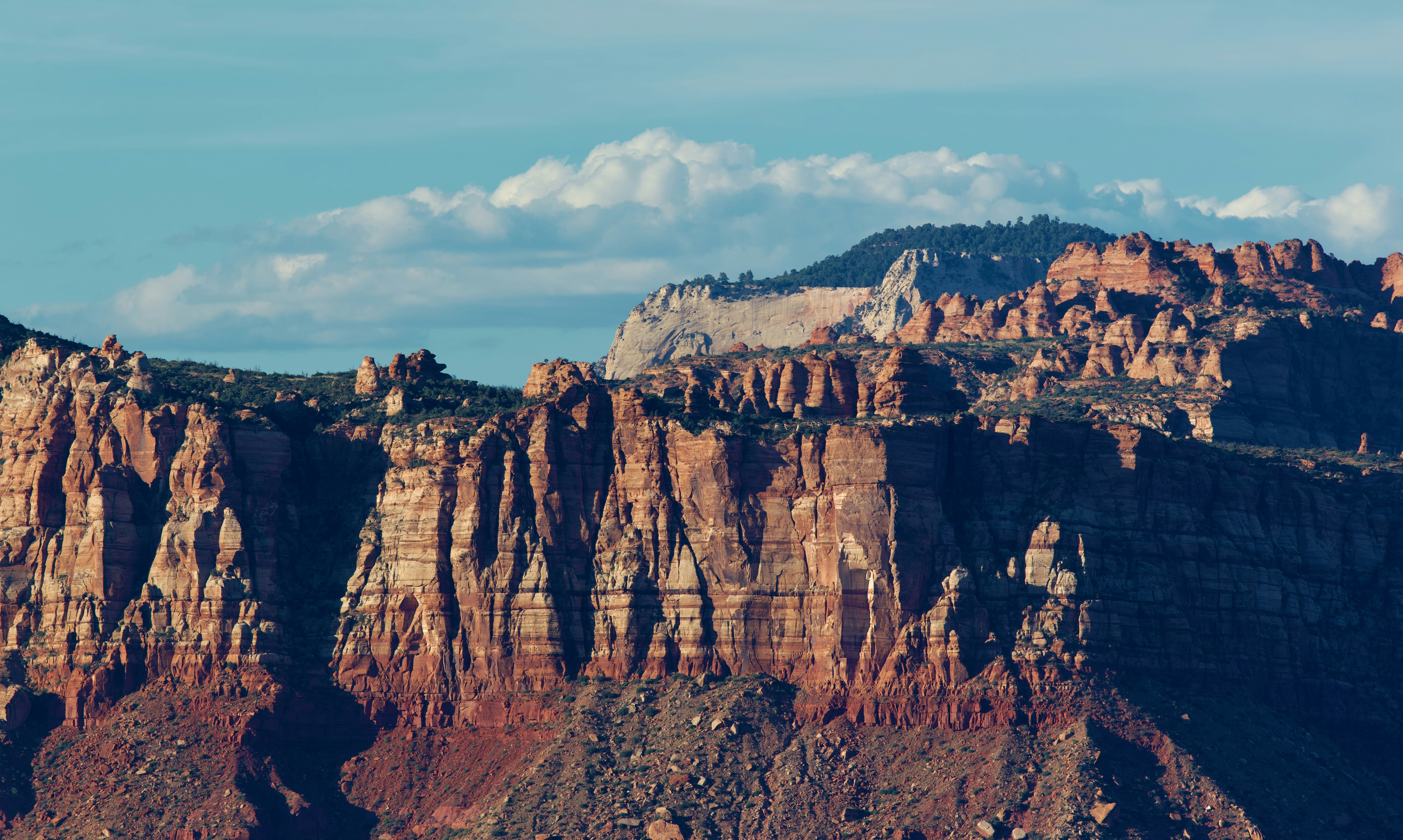 Sunlit canyon cliffs rise in layered red rock against a blue sky, highlighting the horizontal strata and rugged texture of the landscape. A wide, expansive view emphasizes depth and scale.