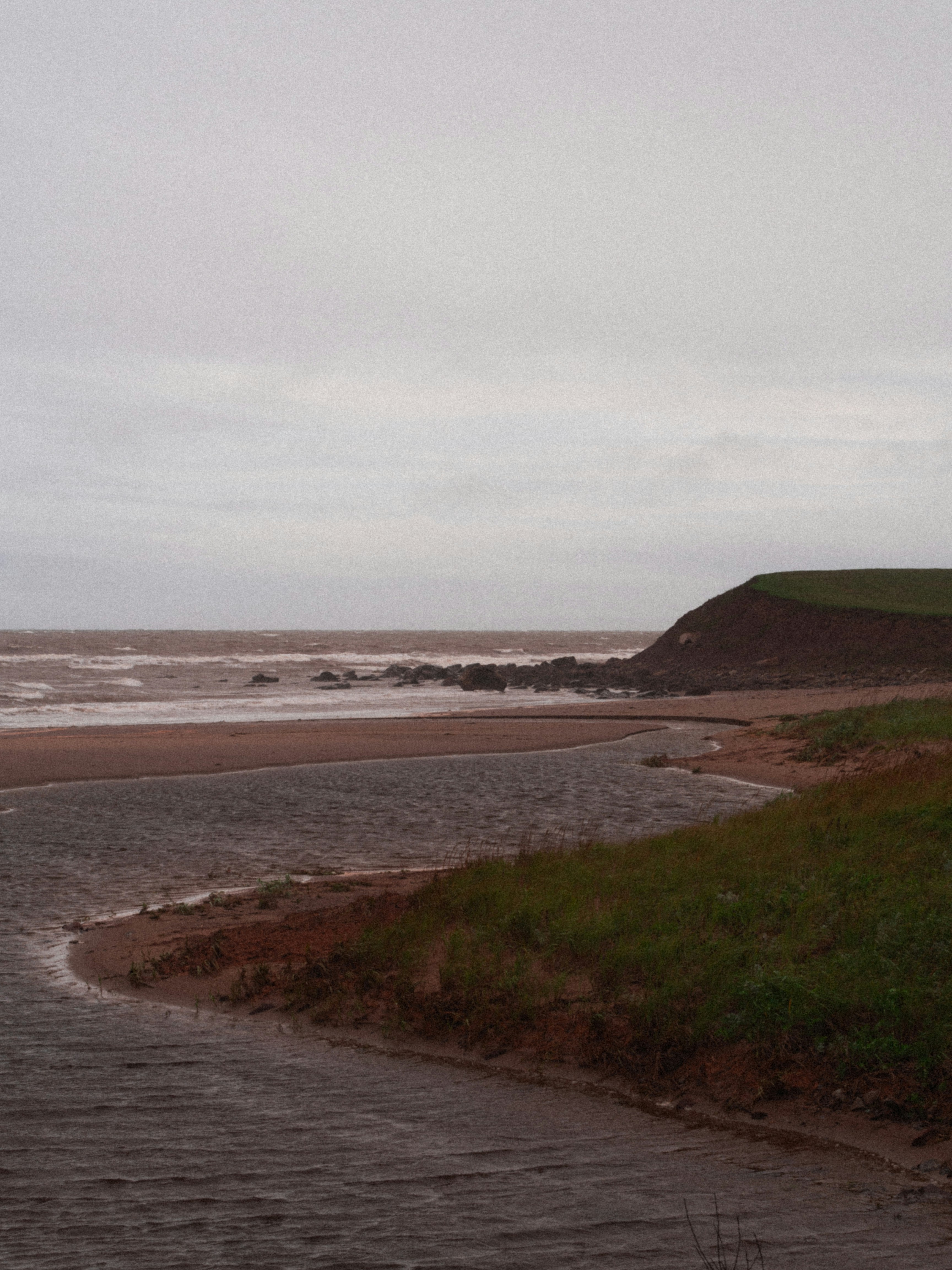 Coastal Promontory at Dusk: Grass, Shore, and Quiet Tide