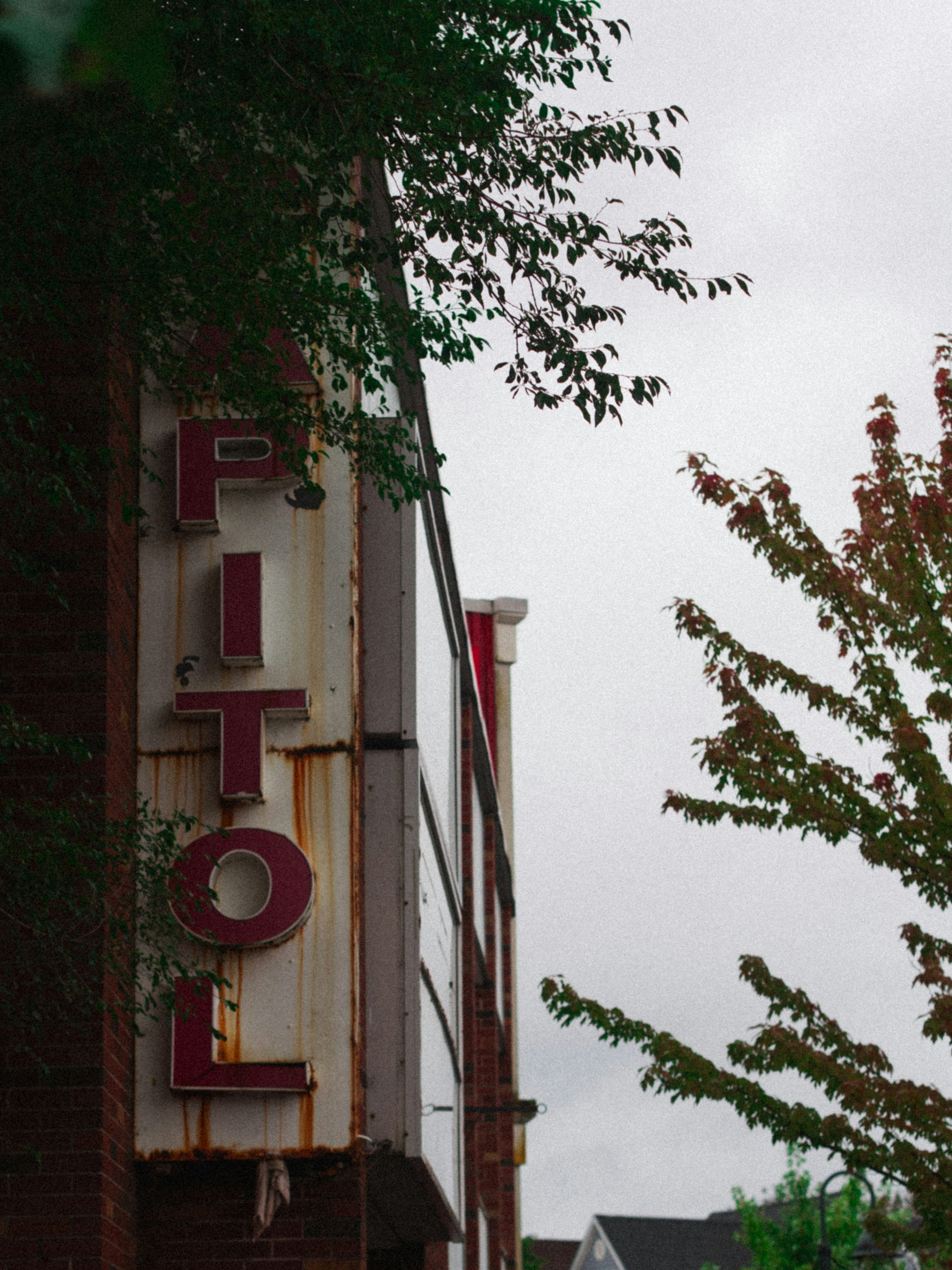 Rusted Neon Letters Climb a Brick Corner