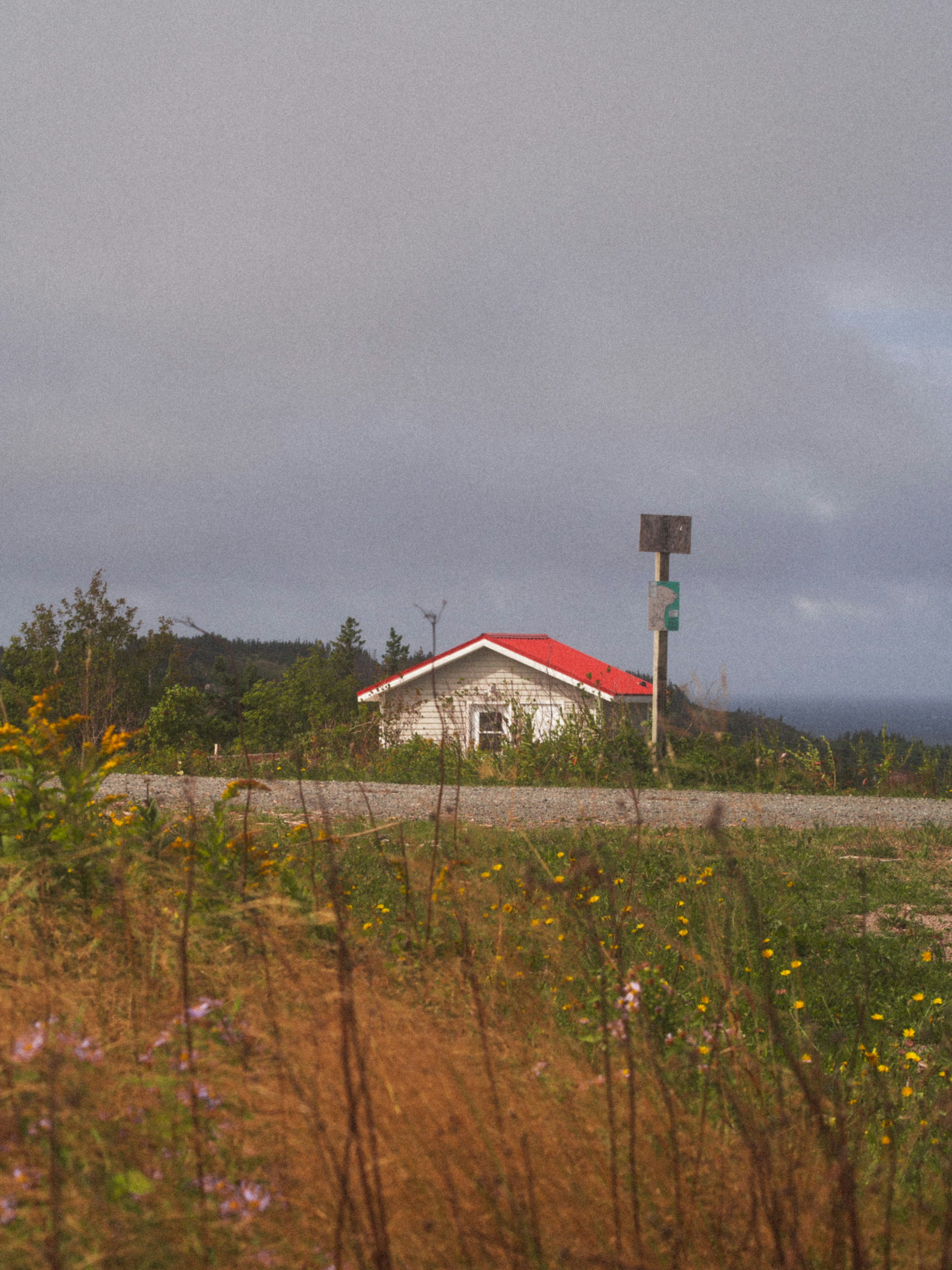 Small white building with a bright red roof sits along a gravel ridge, framed by wildflowers and distant trees under a cloudy sky.