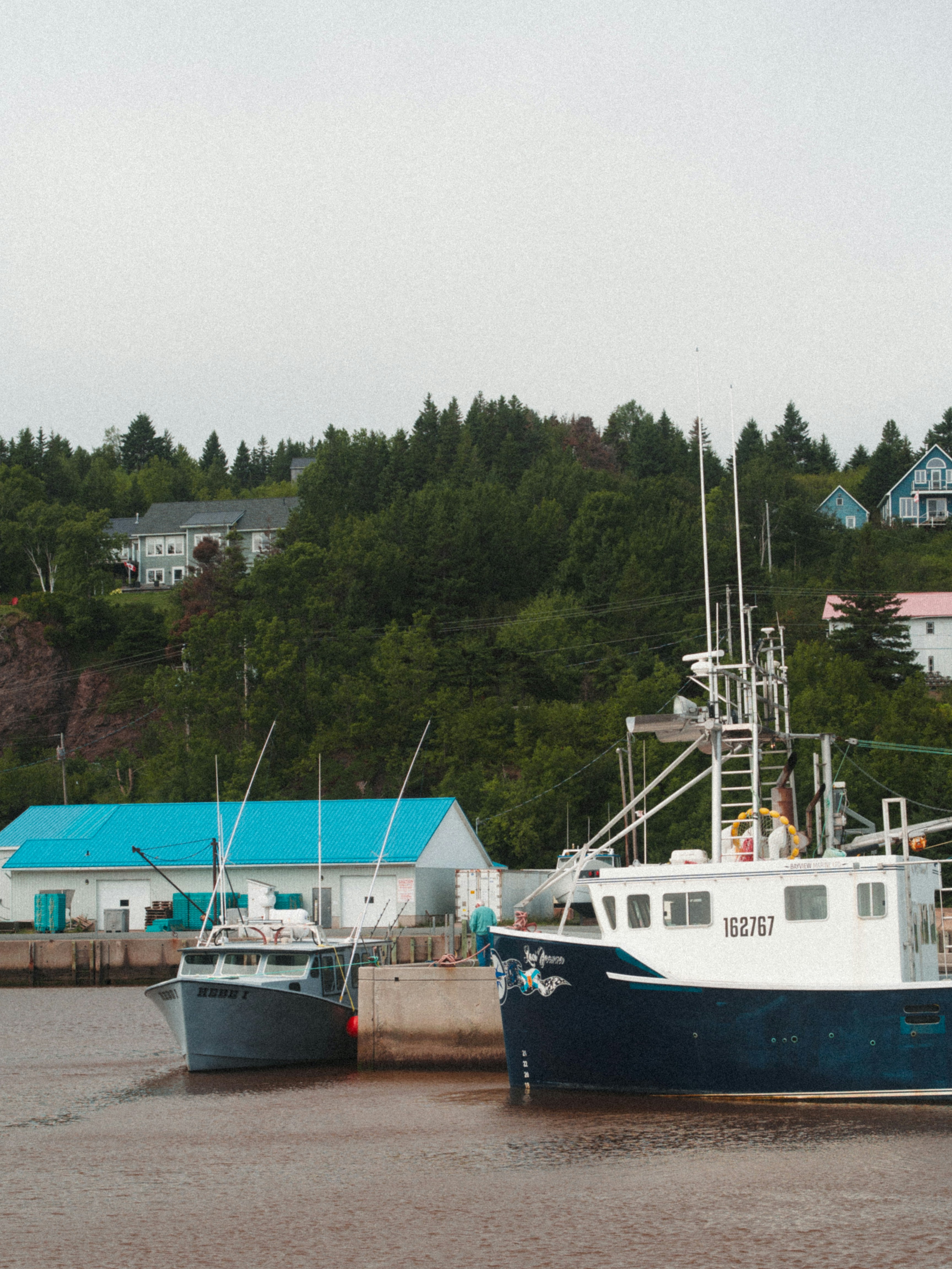 Harbor Vessels at Rest by a Riverside Village
