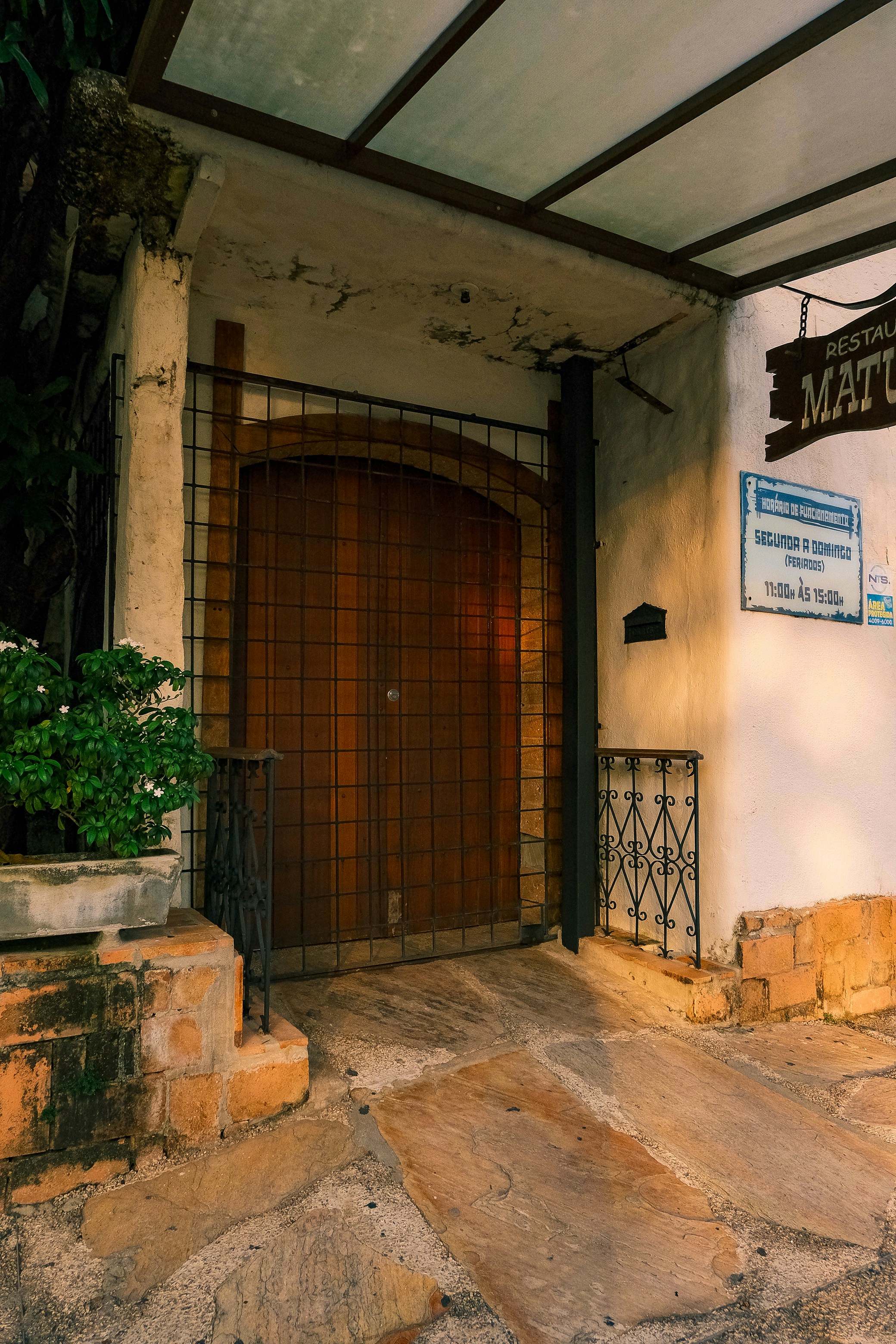 Weathered doorway under a glass awning with iron gate and potted plants