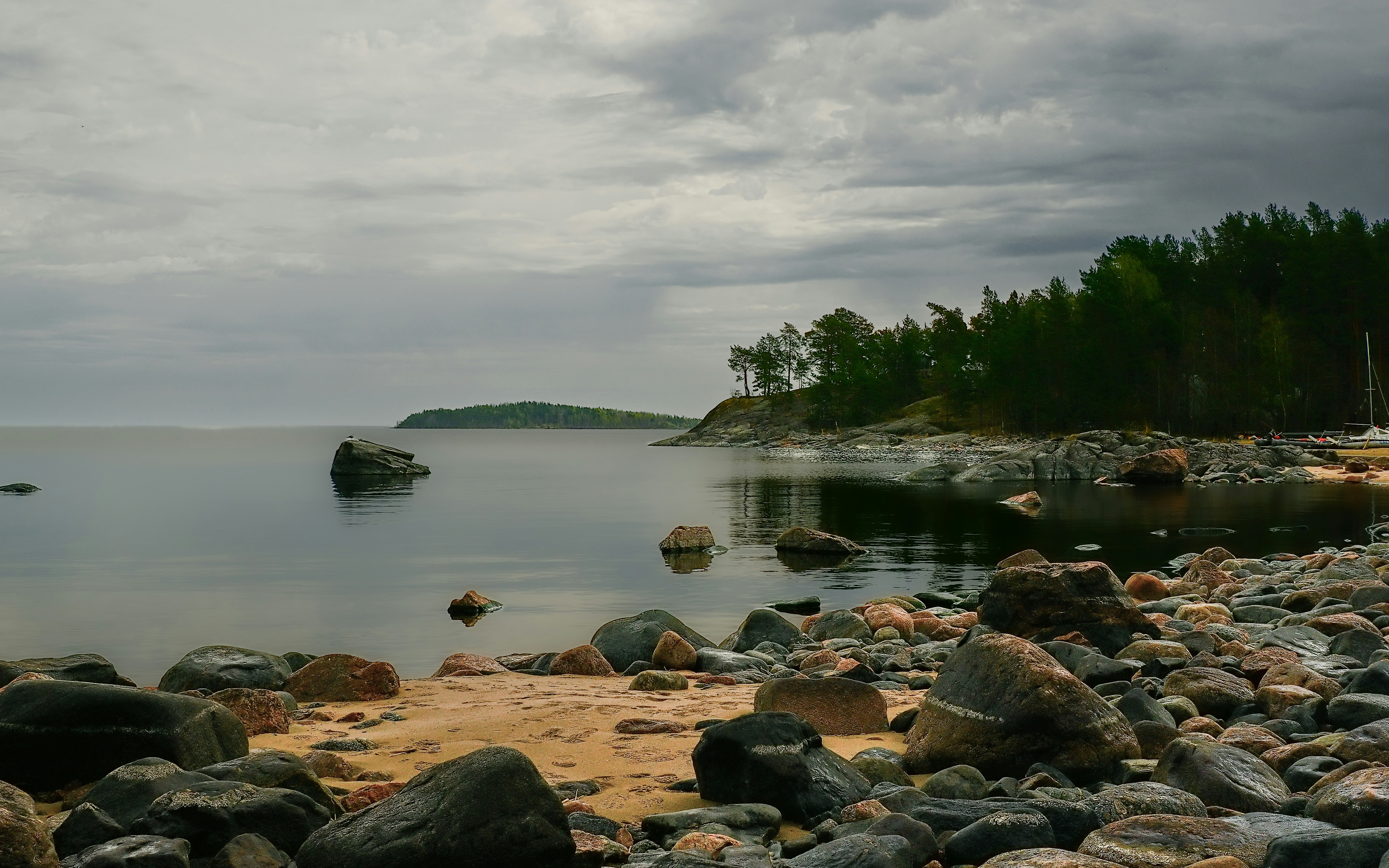Rugged shoreline at dusk: rocks, sea, and forested cape