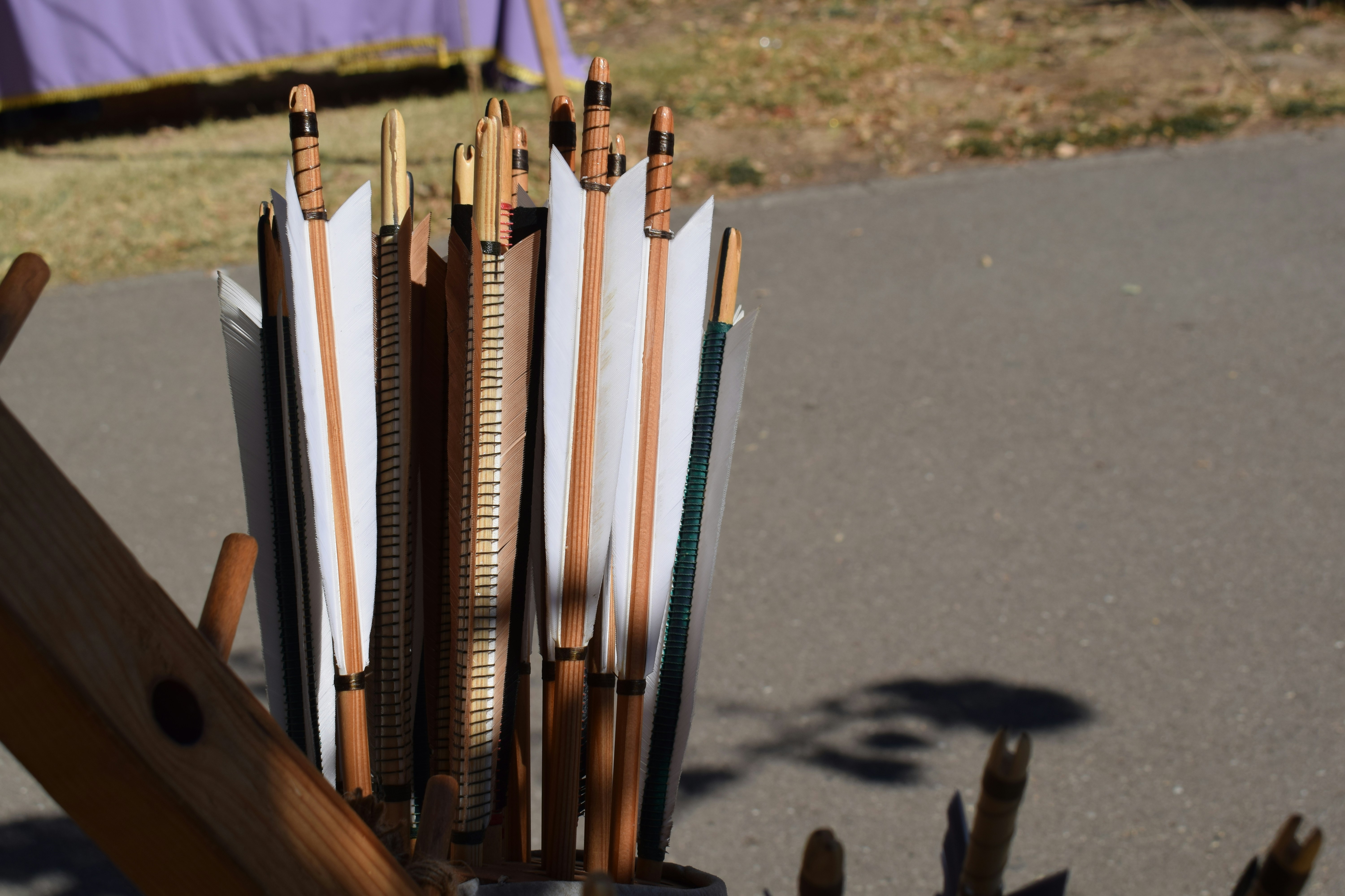 A bundle of wooden arrows with white fletching in a quiver outdoors